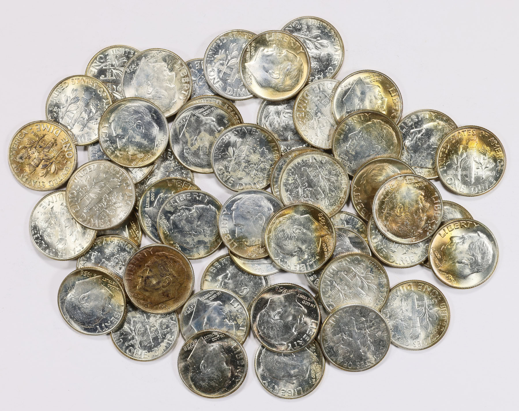 1958 and 1958-D Roosevelt Silver Dime BU Roll Uncertified (50 Coins ...