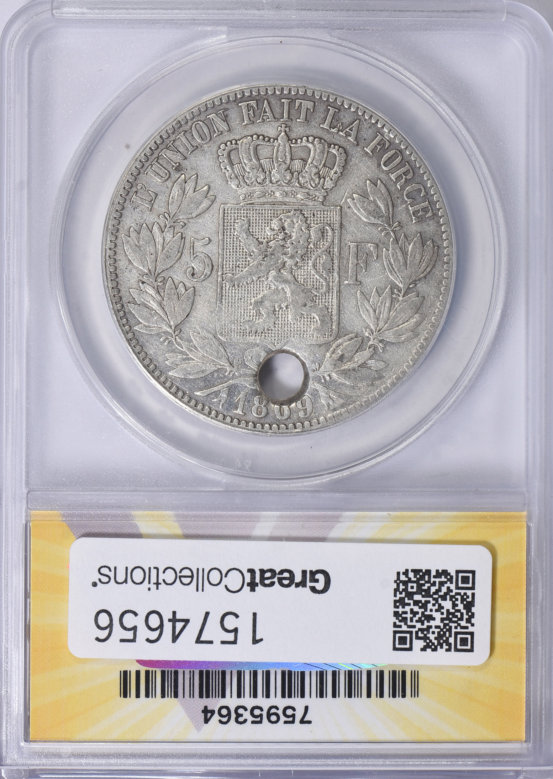 Belgium 1869 Silver 5 Francs KM-24 ANACS VF-20 Details (Item 1574656 ...