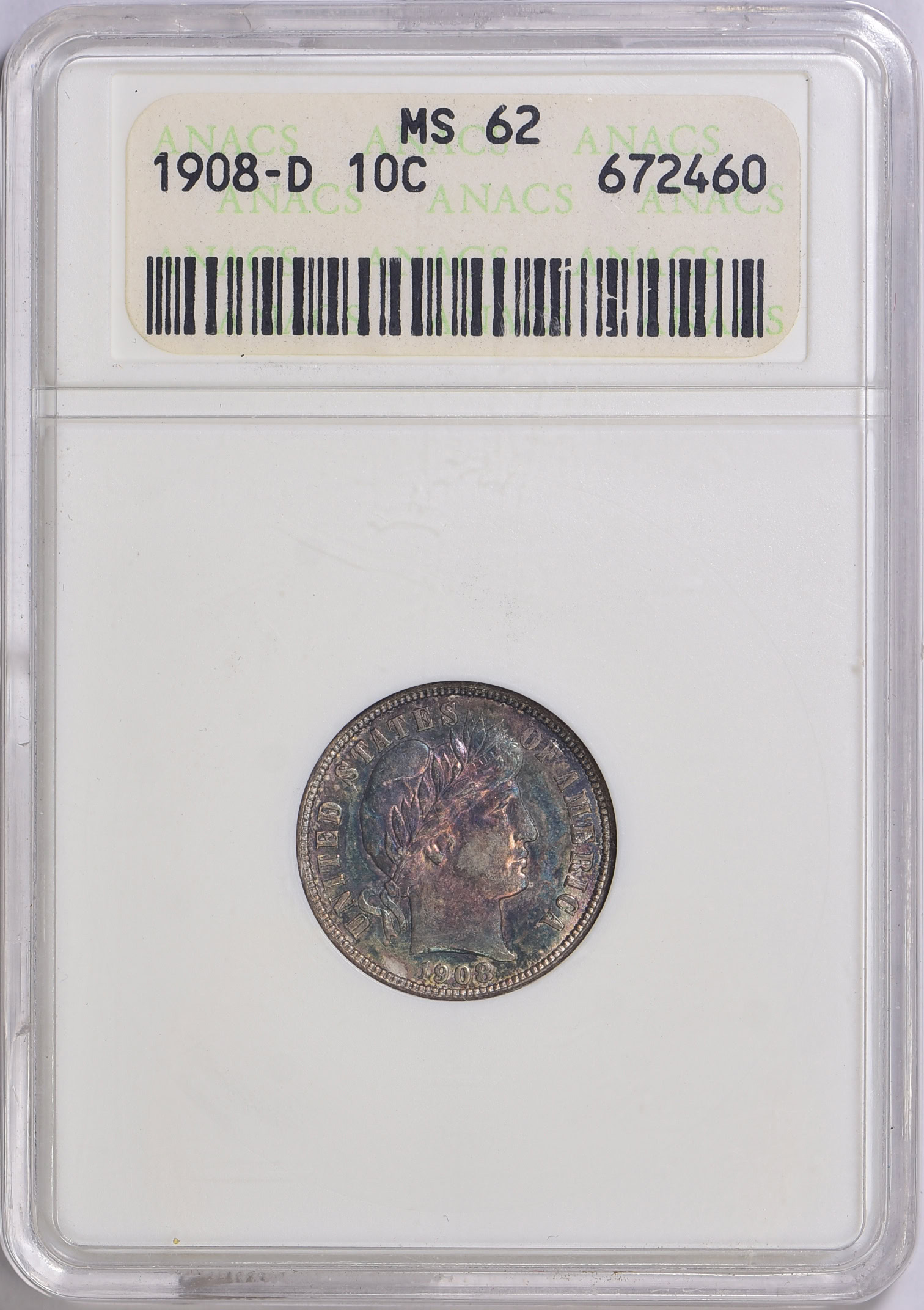 1908-D Barber Dime ANACS MS-62 OH (Toned) (Item 1575004) | GreatCollections Coin Auctions