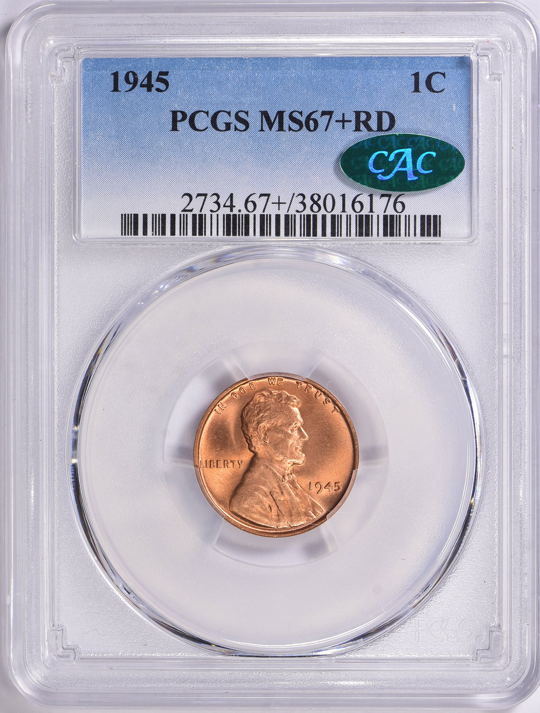 1945 Lincoln Cent PCGS MS-67+ RD (CAC Green) (Item 1575479) | GreatCollections Coin Auctions