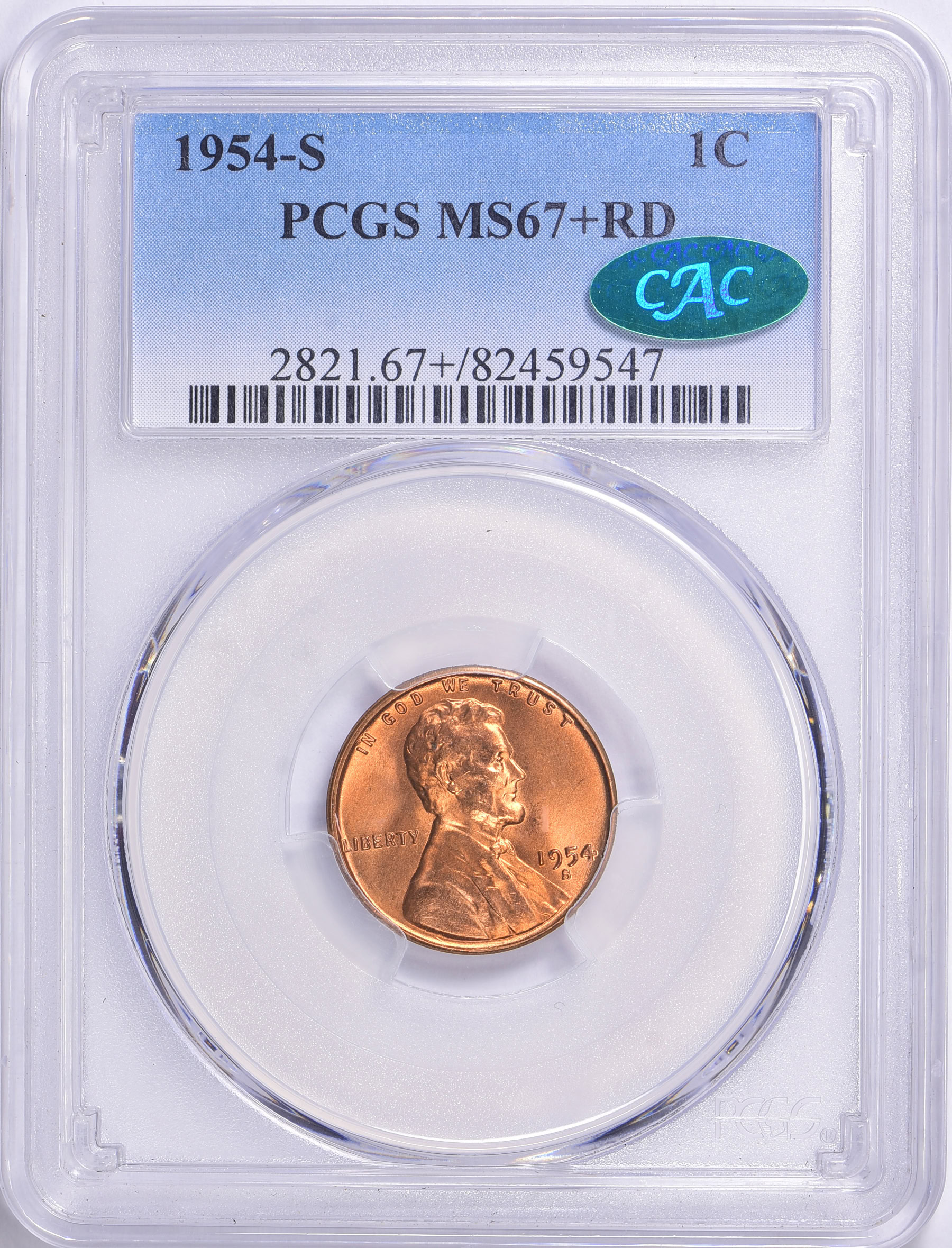 1954-S Lincoln Cent PCGS MS-67+ RD (CAC Green) (Item 1575650) | GreatCollections Coin Auctions
