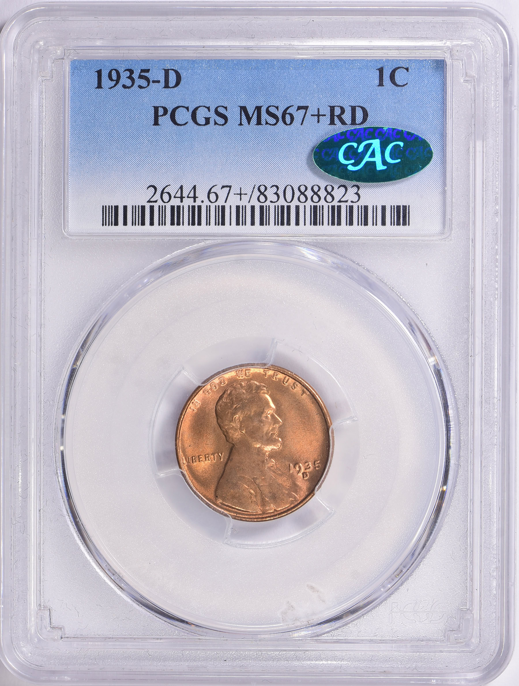 1935-D Lincoln Cent PCGS MS-67+ RD (CAC Green) (Item 1575705) | GreatCollections Coin Auctions
