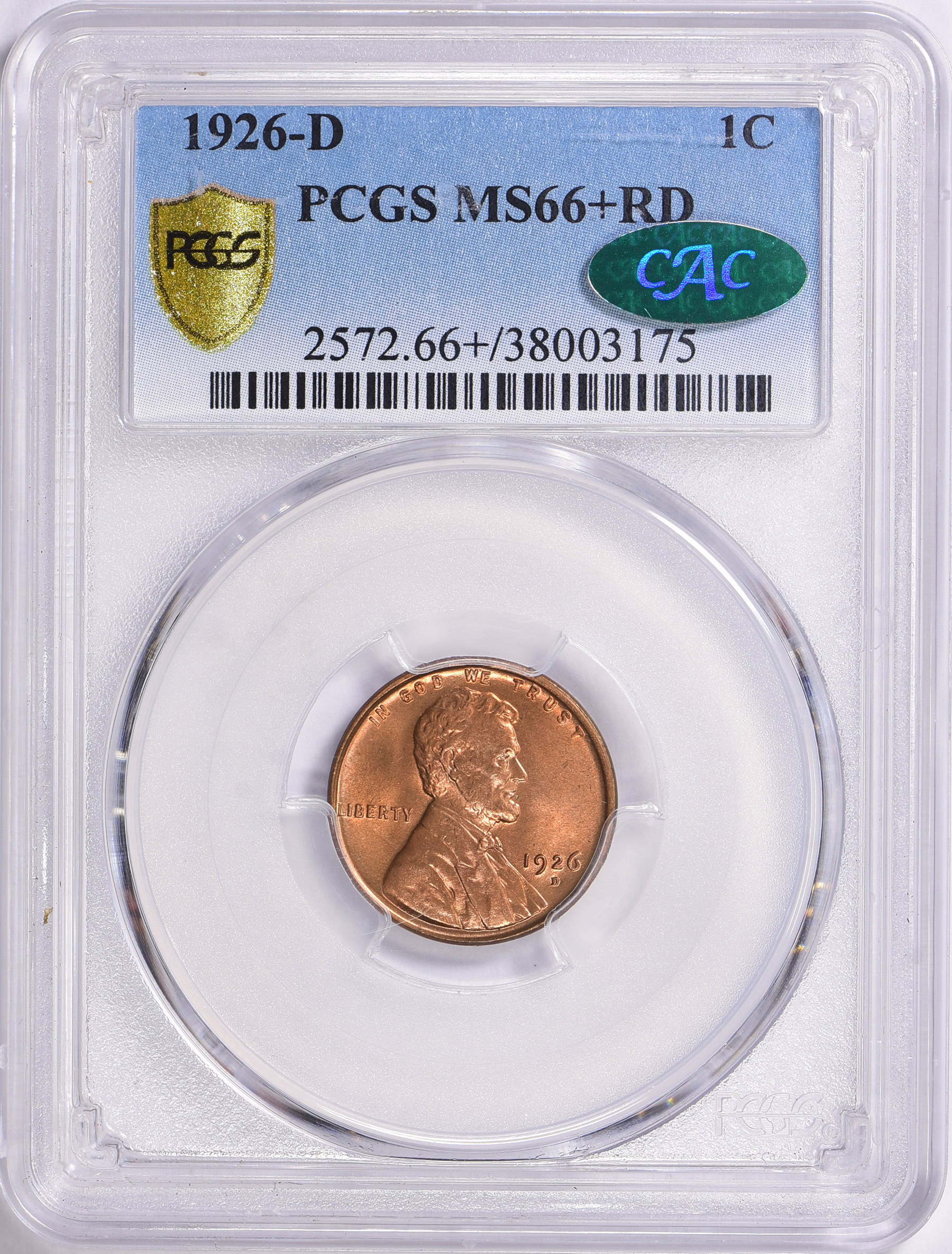 1926-D Lincoln Cent PCGS MS-66+ RD (CAC Green) (Item 1575792) | GreatCollections Coin Auctions