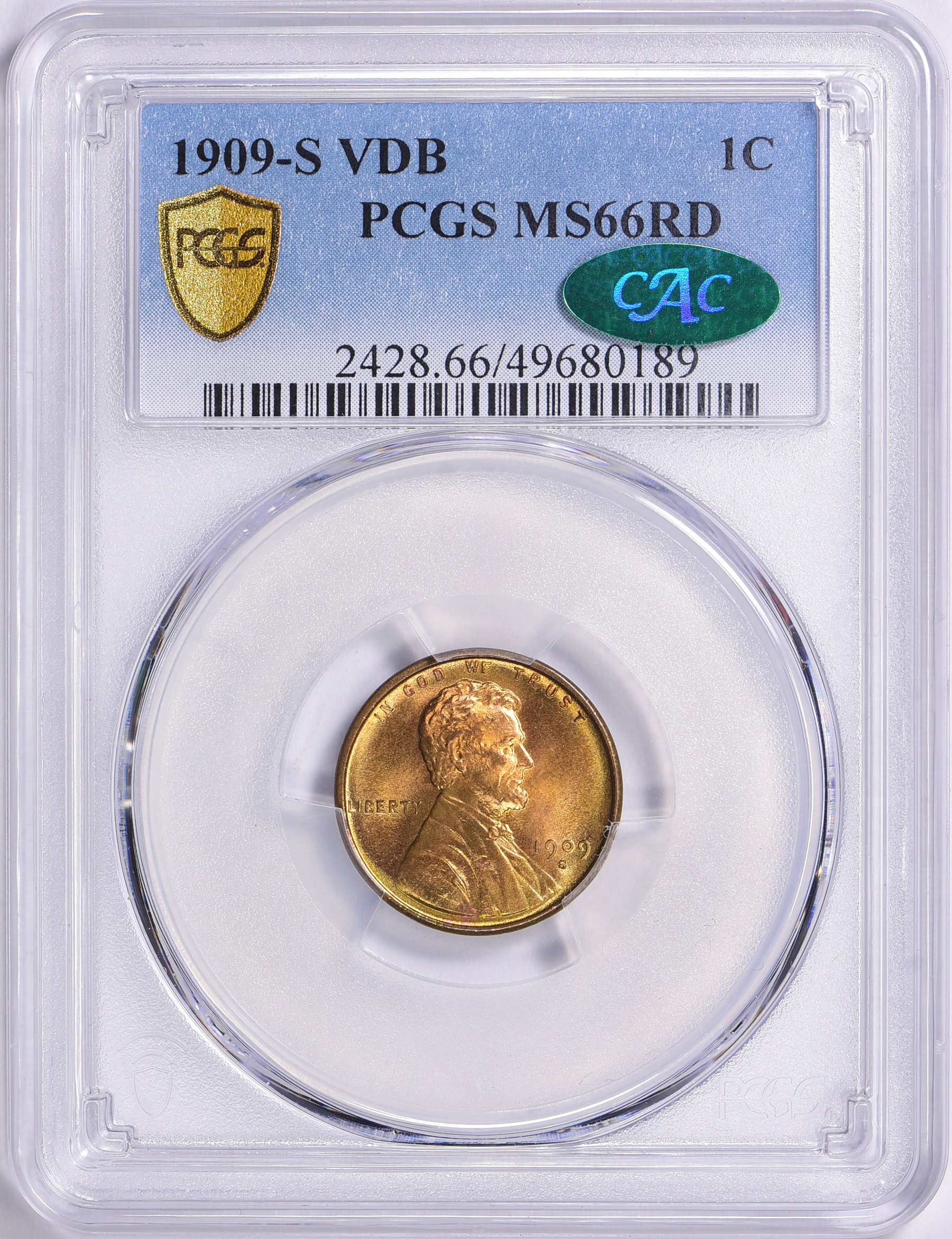 1909-S Lincoln Cent V.D.B. PCGS MS-66 RD (CAC Green) (Item 1576300) | GreatCollections Coin Auctions