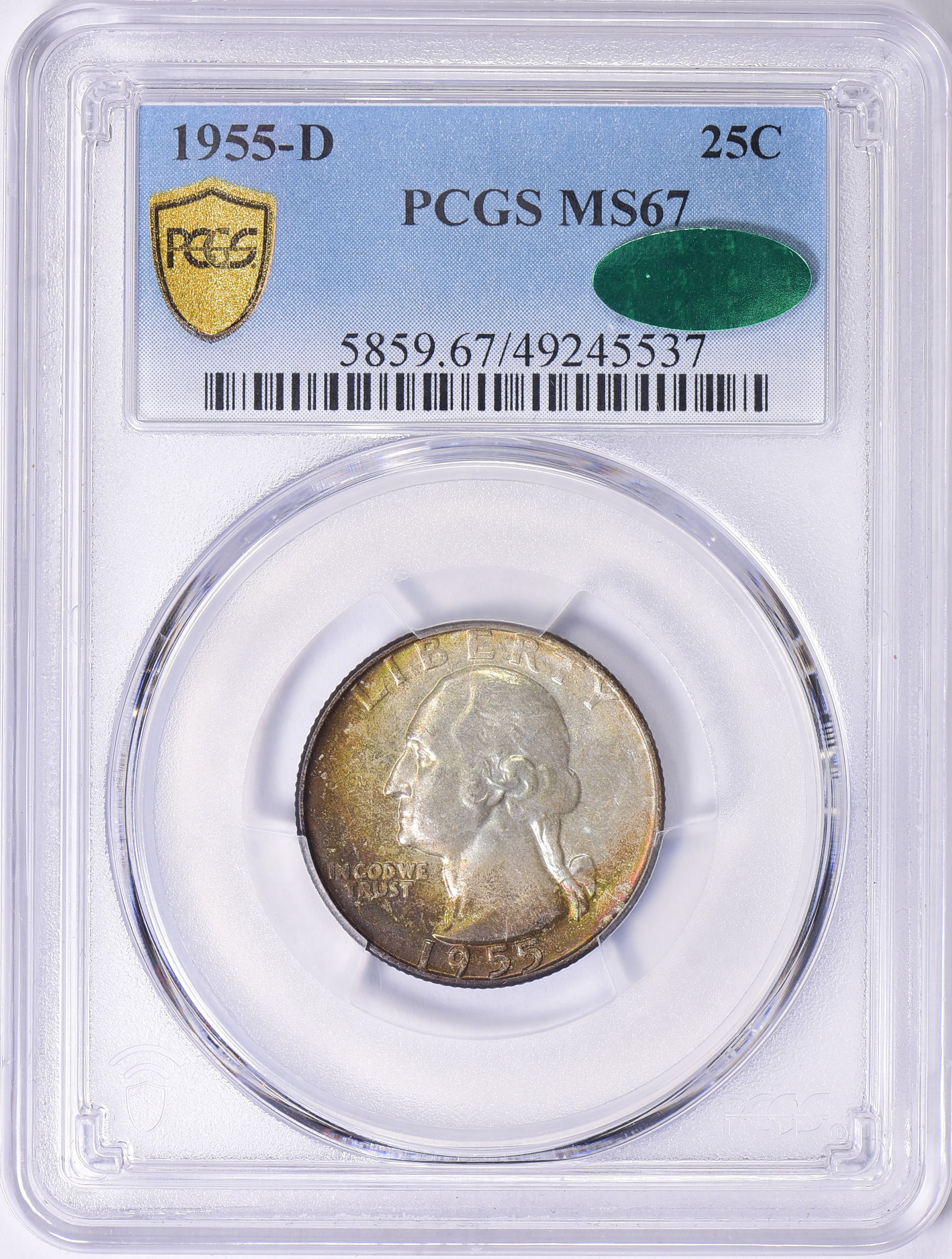 1955-D Washington Quarter PCGS MS-67 (CAC Green) (Toned) (Item 1576301) | GreatCollections Coin ...