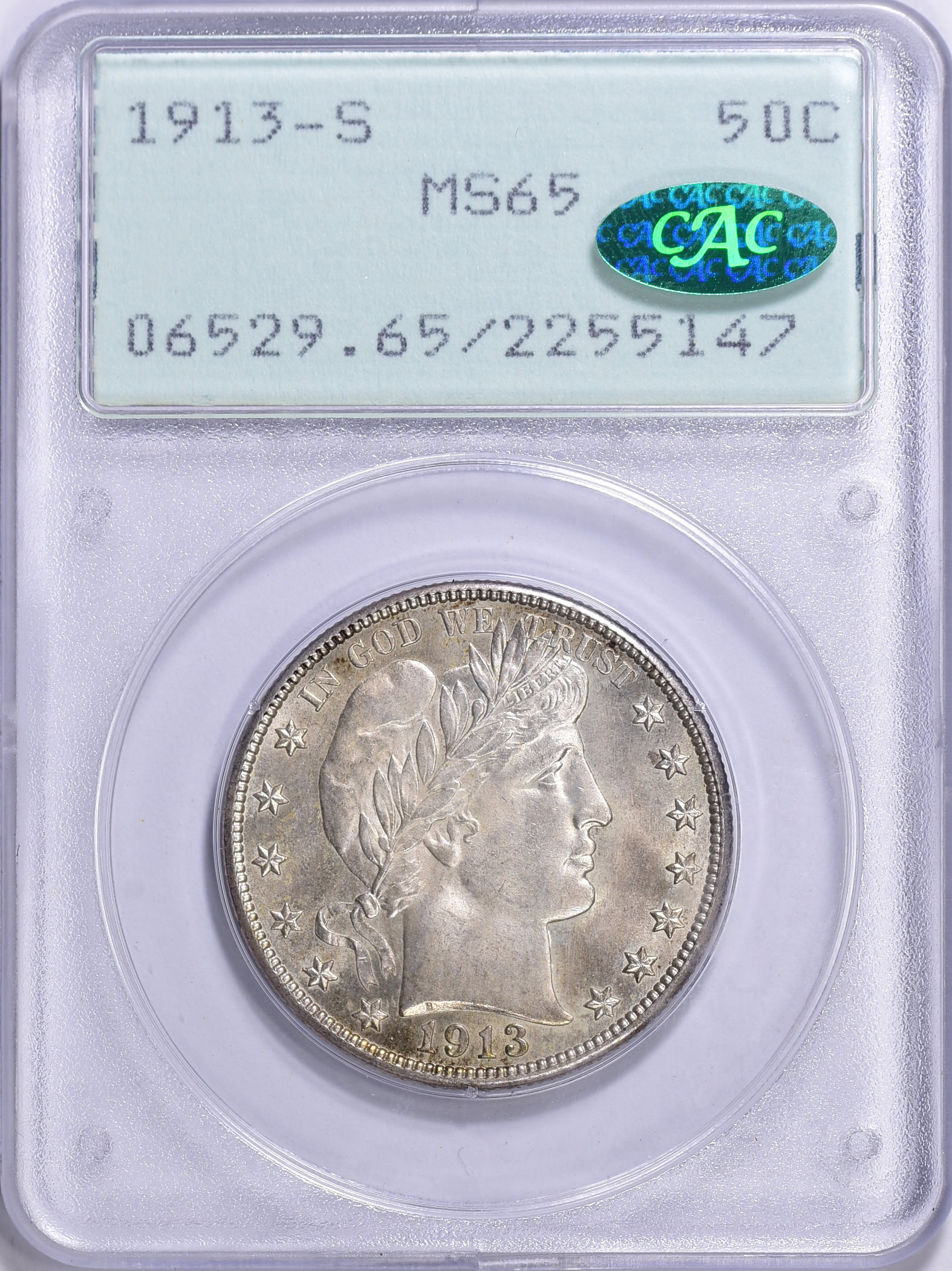 1913-S Barber Half Dollar PCGS MS-65 (CAC Green) OGH (1st Gen) (Item 1576441) | GreatCollections ...