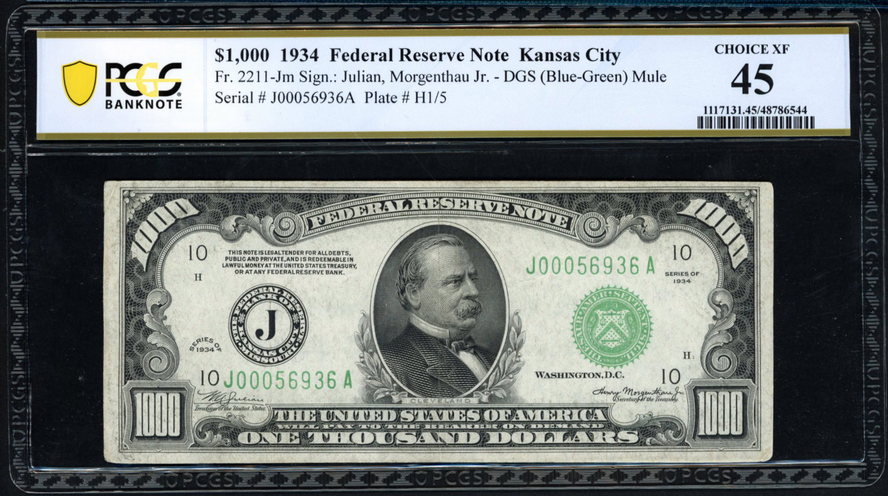 Fr. 2211-Jdgsm Dark Green (JA Block) 1934 $1,000 Kansas City Federal ...