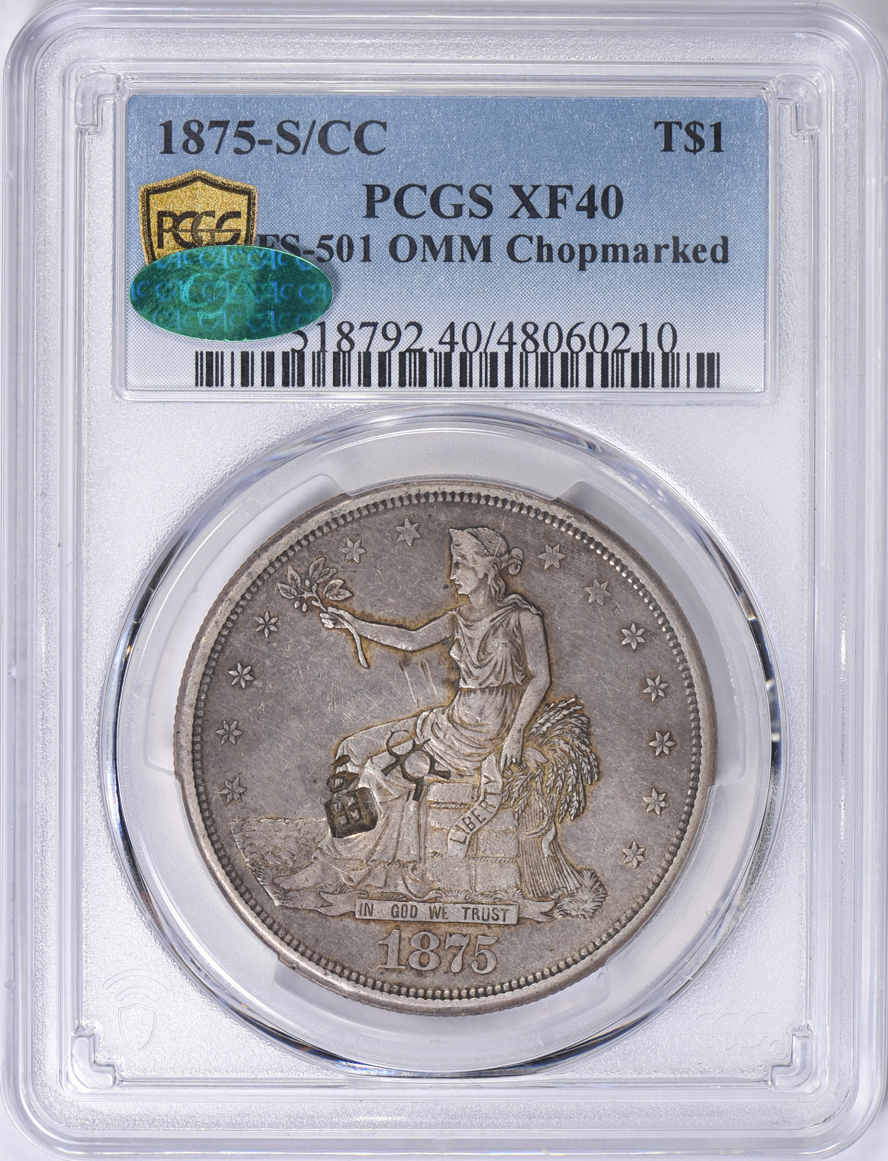 1875-S/CC Trade Silver Dollar Chop Mark S/CC FS-501 OMM PCGS XF-40 (CAC ...
