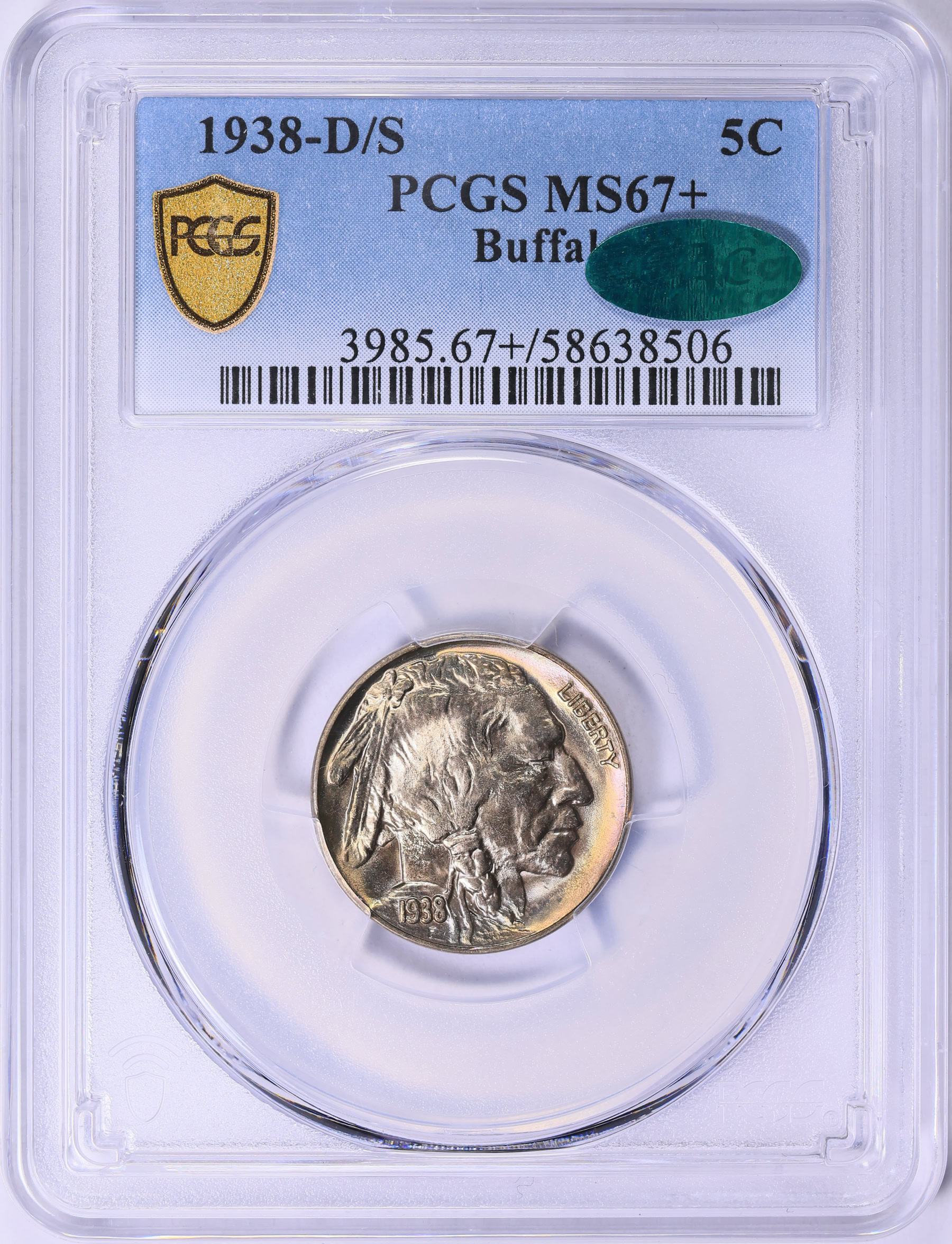 1938-D/S Buffalo Nickel PCGS MS-67+ (CAC Green) (Toned) (Item 1580035) | GreatCollections Coin ...