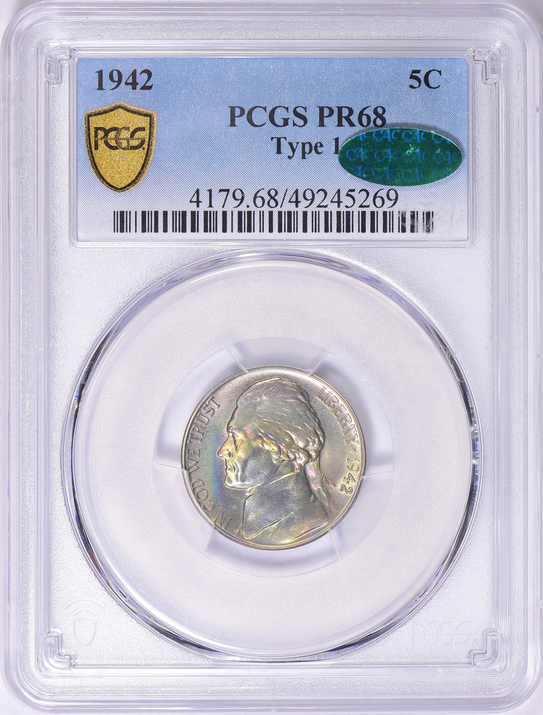 1942 Jefferson Nickel Type 1 PCGS Proof-68 (CAC Green) (Toned) (Item 1580048) | GreatCollections ...