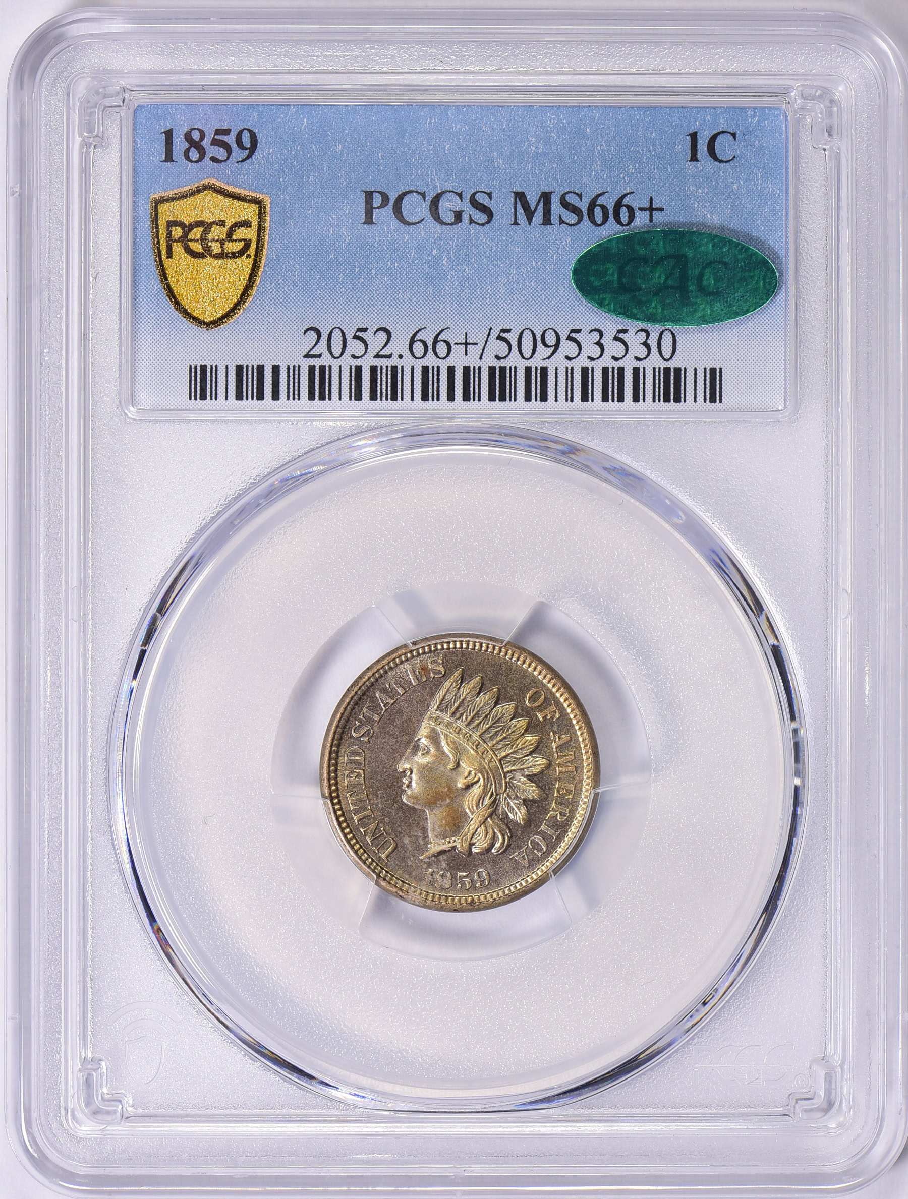 1859 Indian Cent PCGS MS-66+ (Toned) (CAC Green) (Item 1580061) | GreatCollections Coin Auctions