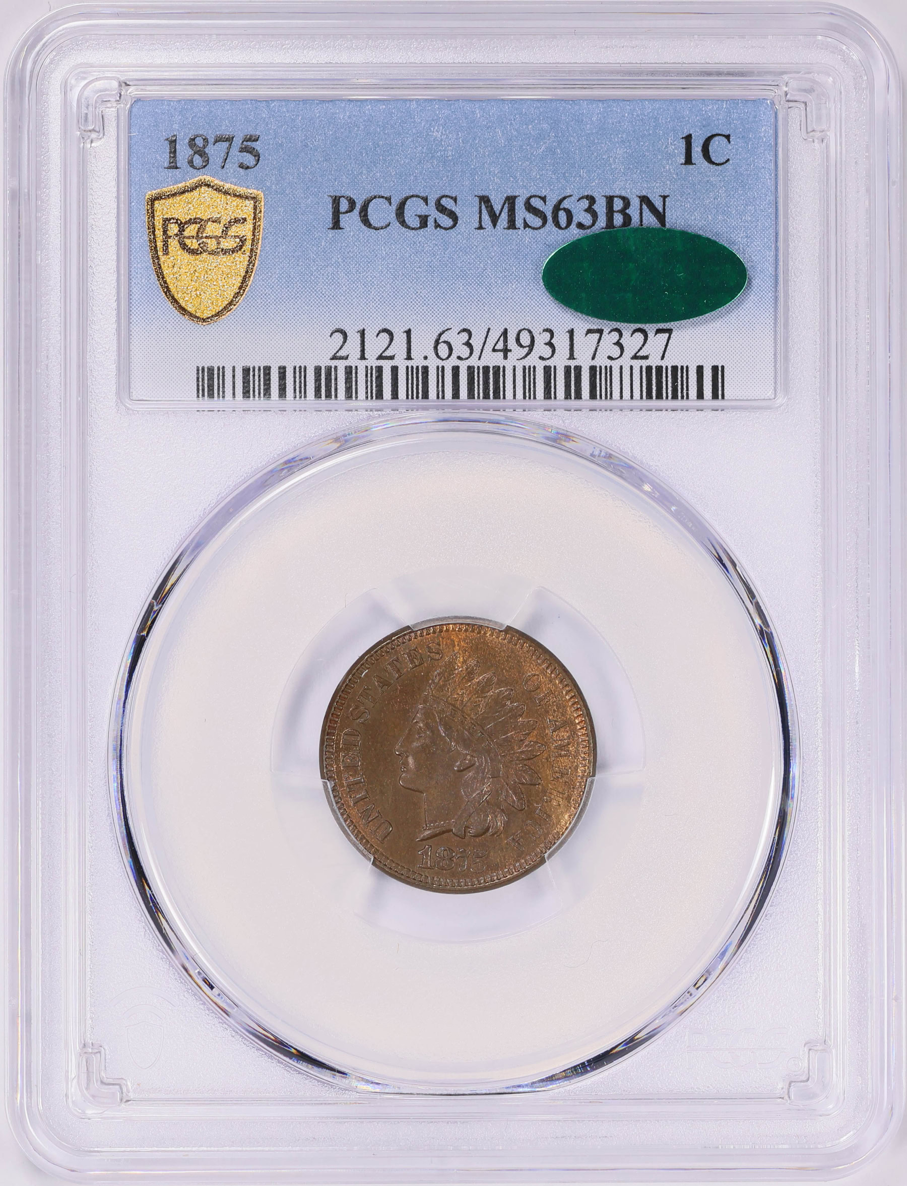 1875 Indian Cent PCGS MS-63 BN (CAC Green) (Item 1580291) | GreatCollections Coin Auctions