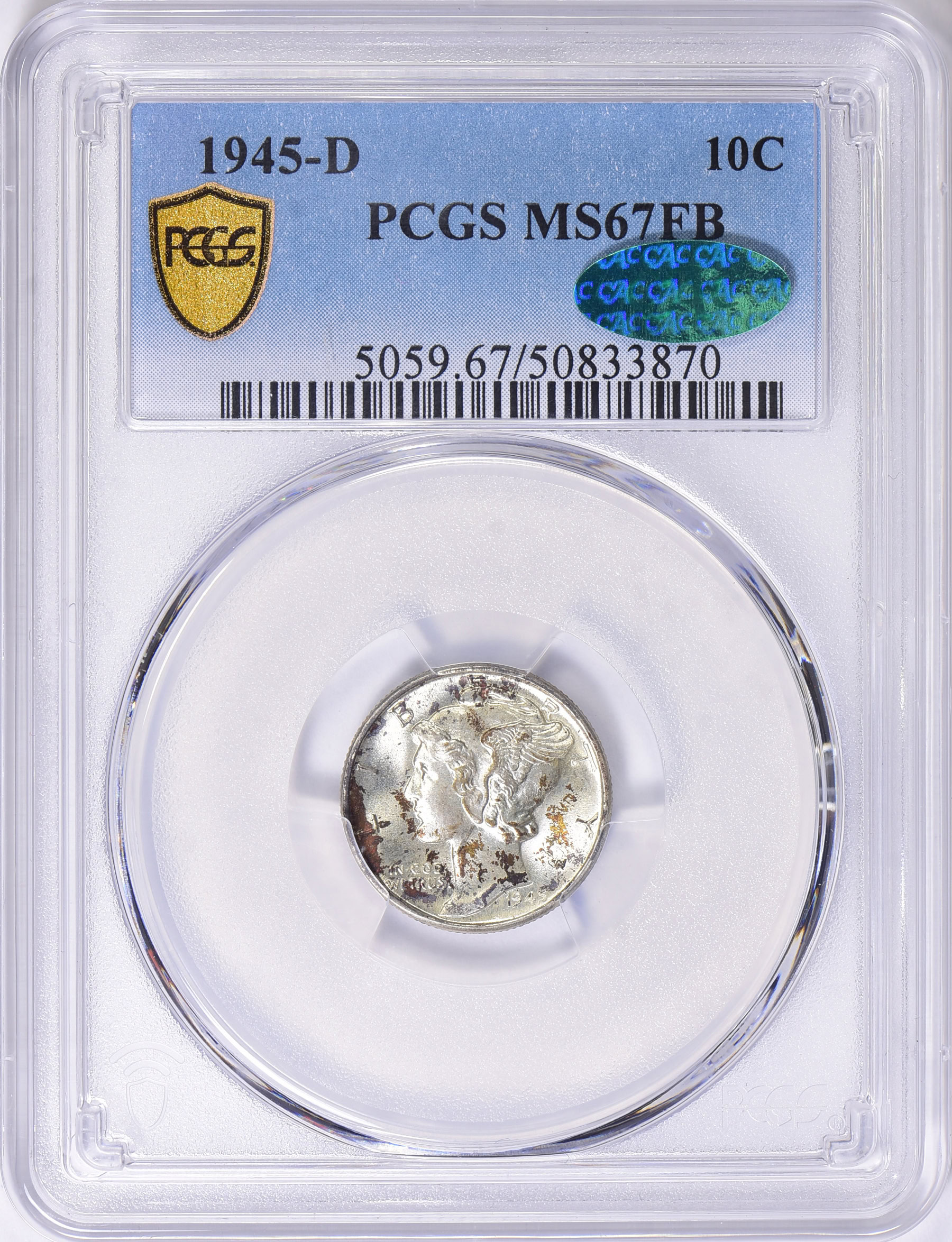 1945-D Mercury Dime PCGS MS-67 FB (Toned) (CAC Green) (Item 1583132) | GreatCollections Coin ...
