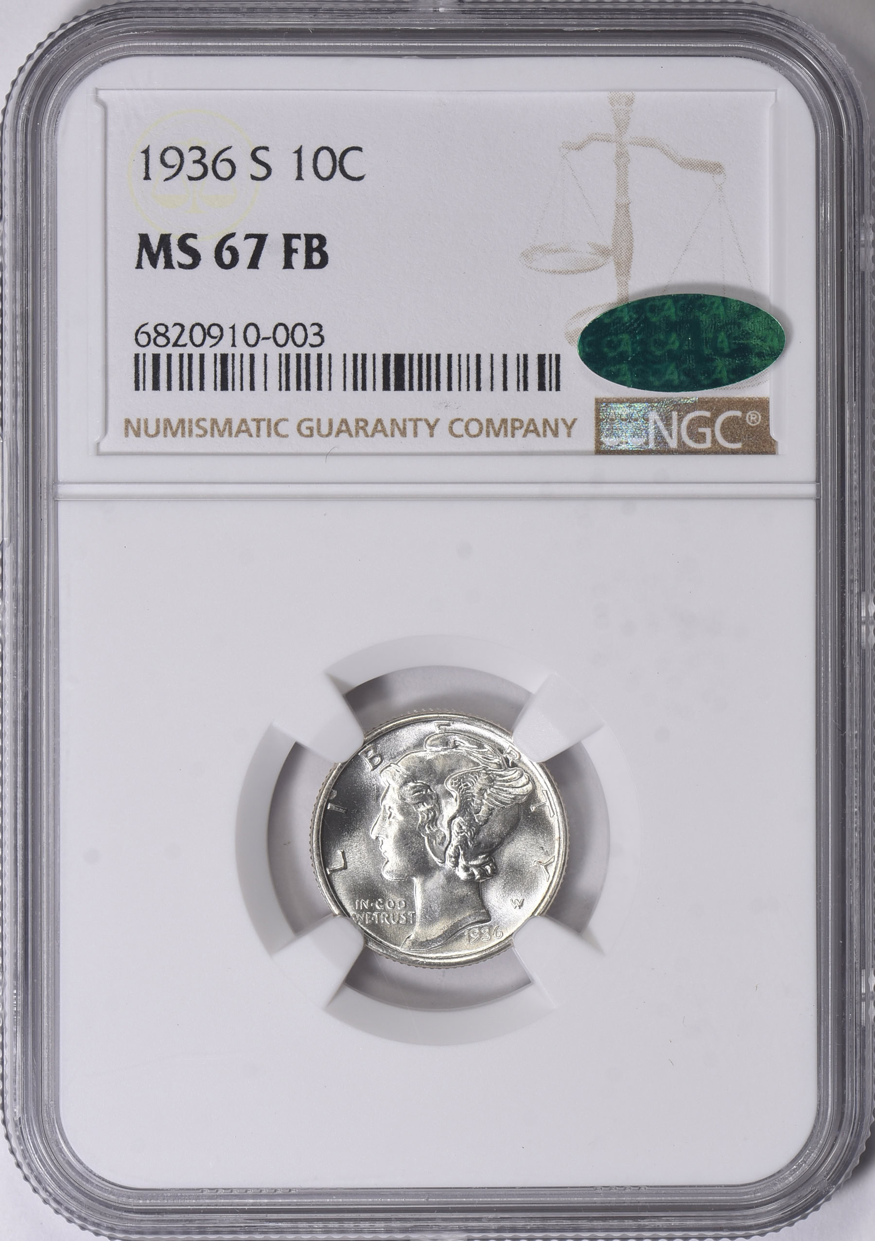 1936-S Mercury Dime NGC MS-67 FB (CAC Green) (Item 1583149) | GreatCollections Coin Auctions