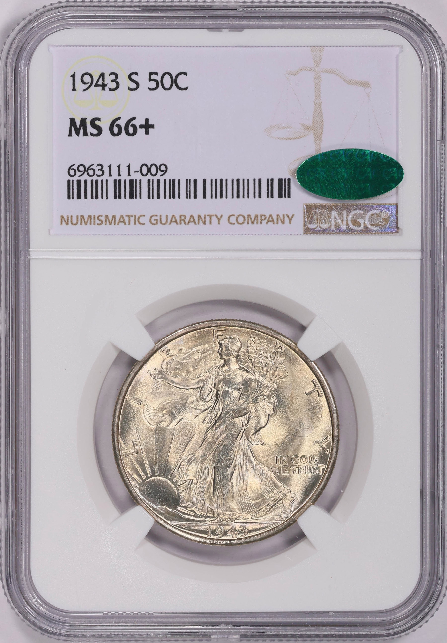 1943-S Walking Liberty Half Dollar NGC MS-66+ (CAC Green) (Item 1583400) | GreatCollections Coin ...