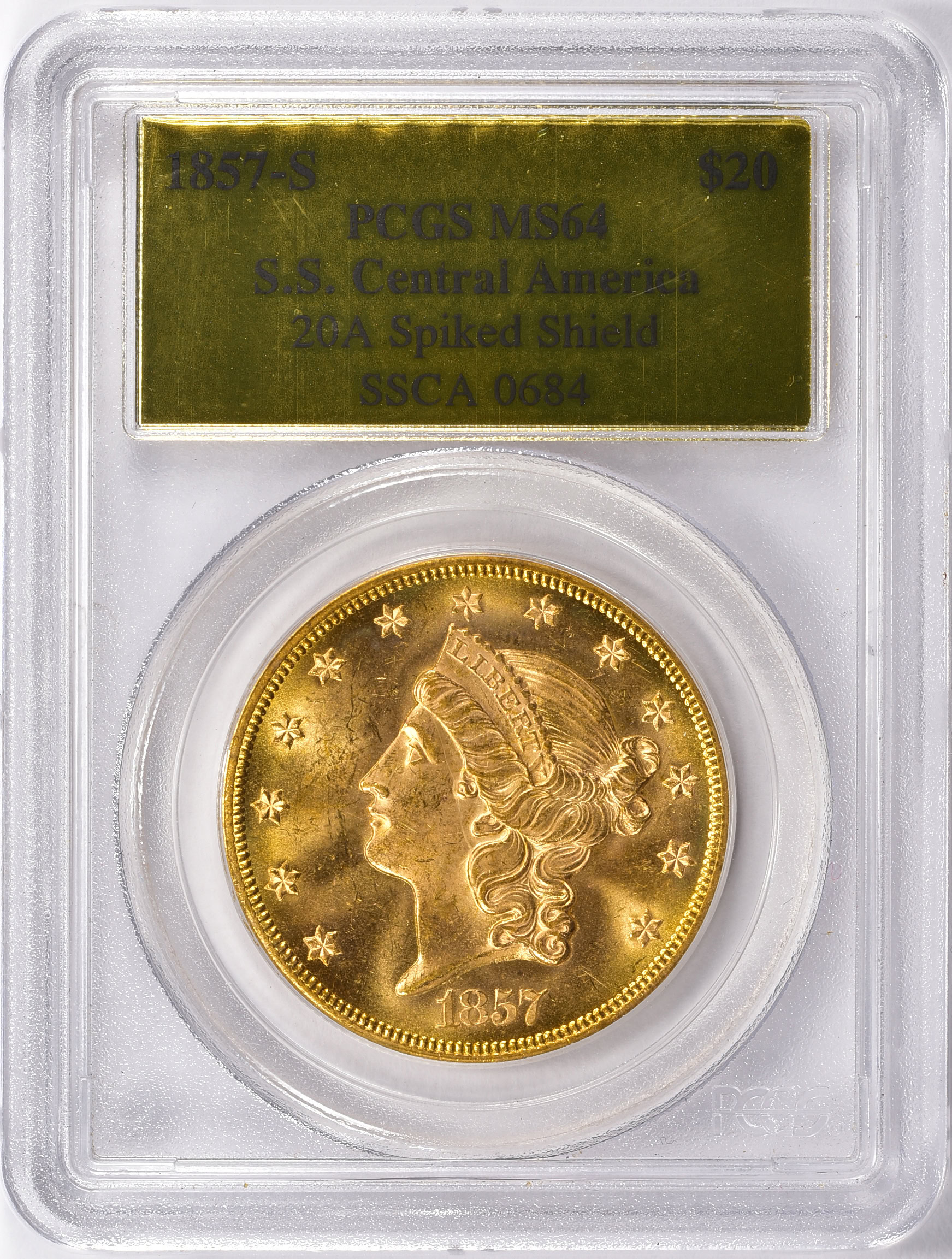 1857-S Liberty Gold Double Eagle 20A Spiked Shield Shipwreck Central America PCGS MS-64 (Gold ...