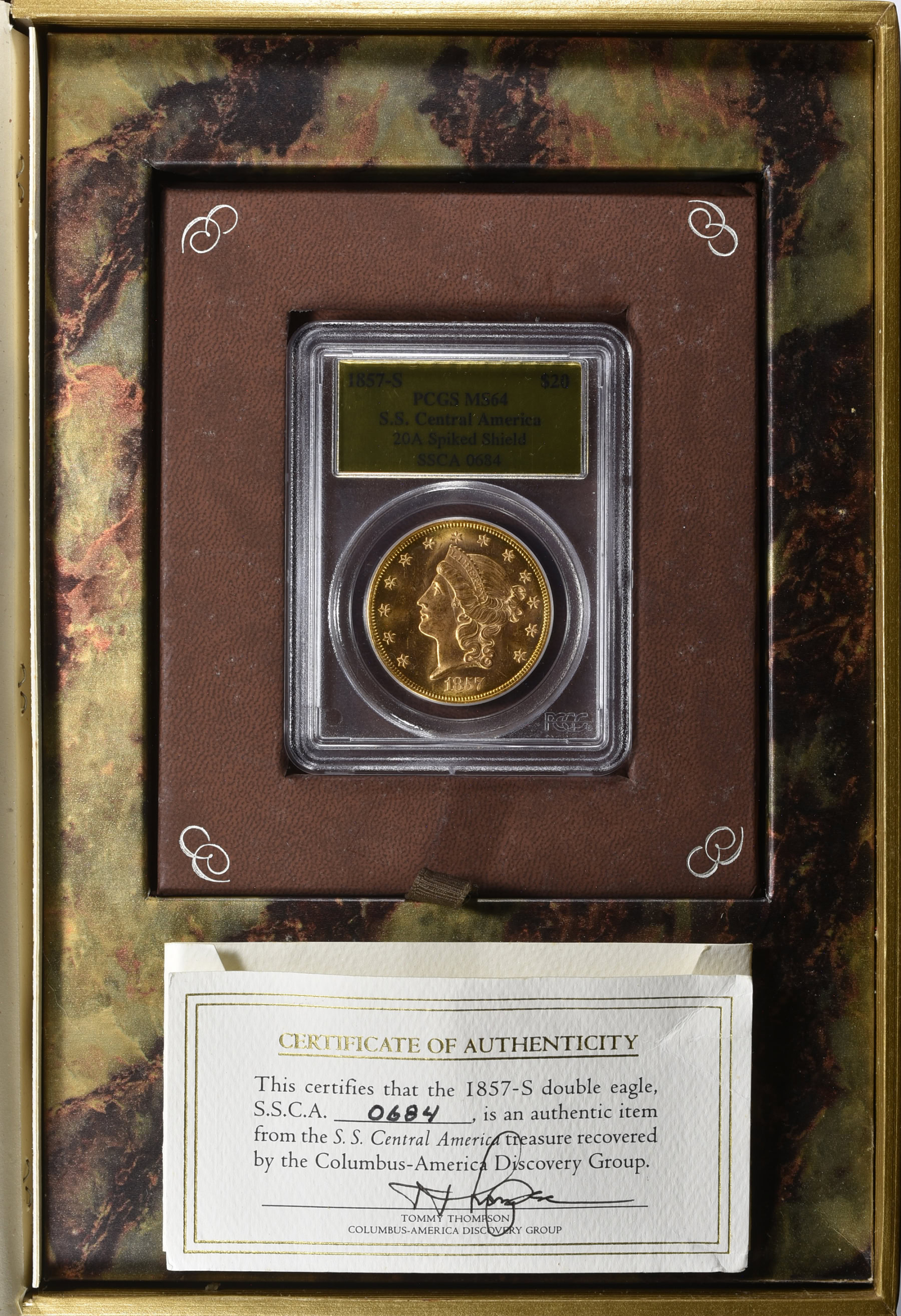 1857-S Liberty Gold Double Eagle 20A Spiked Shield Shipwreck Central America PCGS MS-64 (Gold ...