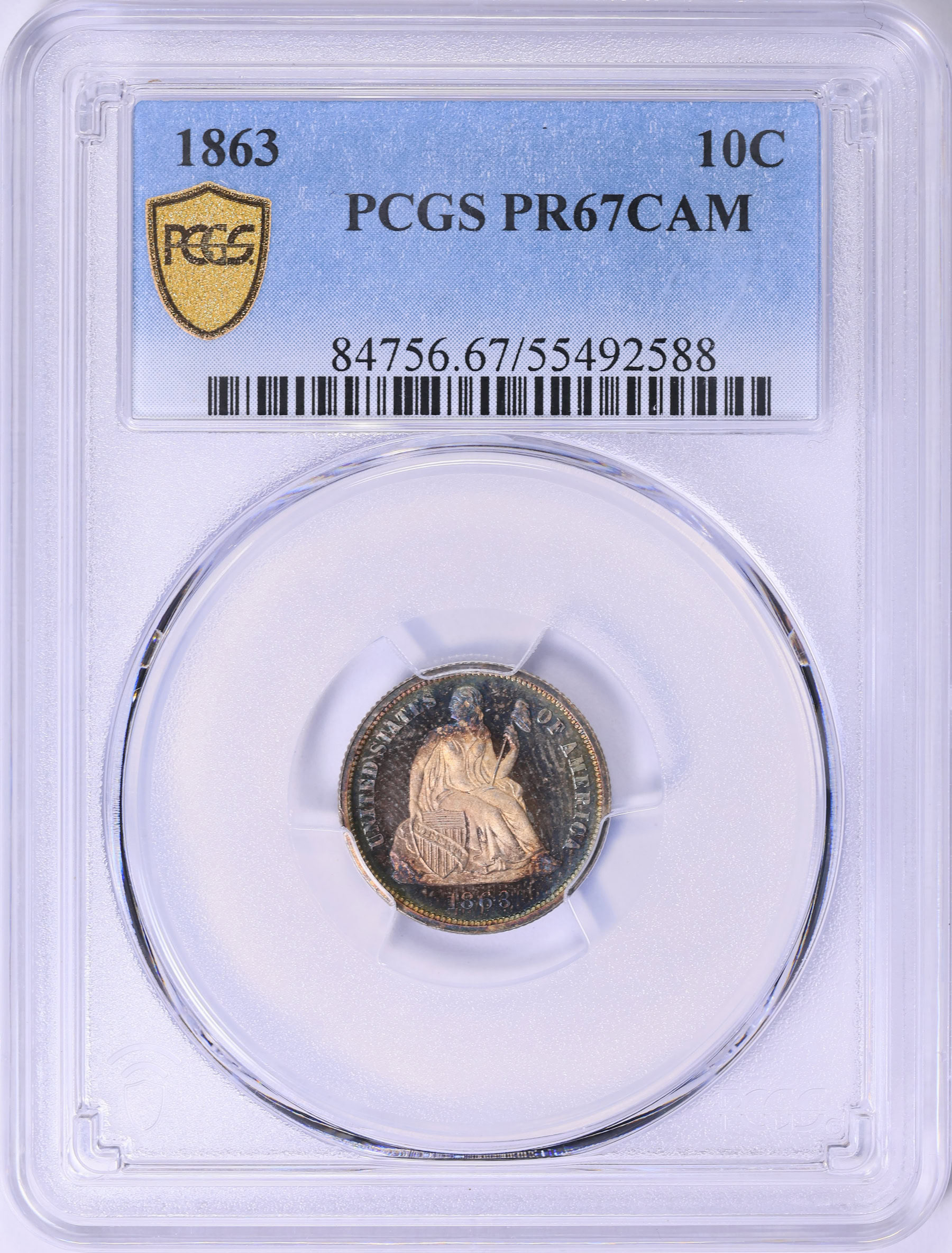 1863 Seated Liberty Dime PCGS Proof-67 CAMEO (Toned) (Item 1586261) | GreatCollections Coin Auctions