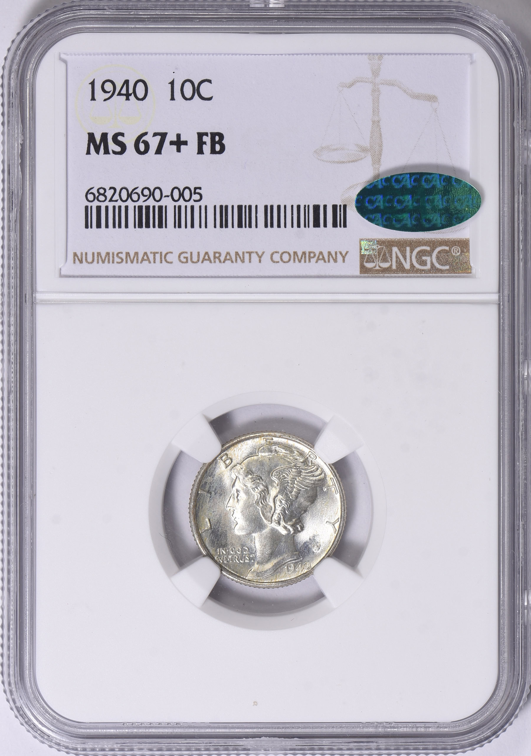 1940 Mercury Dime NGC MS-67+ FB (CAC Green) (Item 1586272) | GreatCollections Coin Auctions