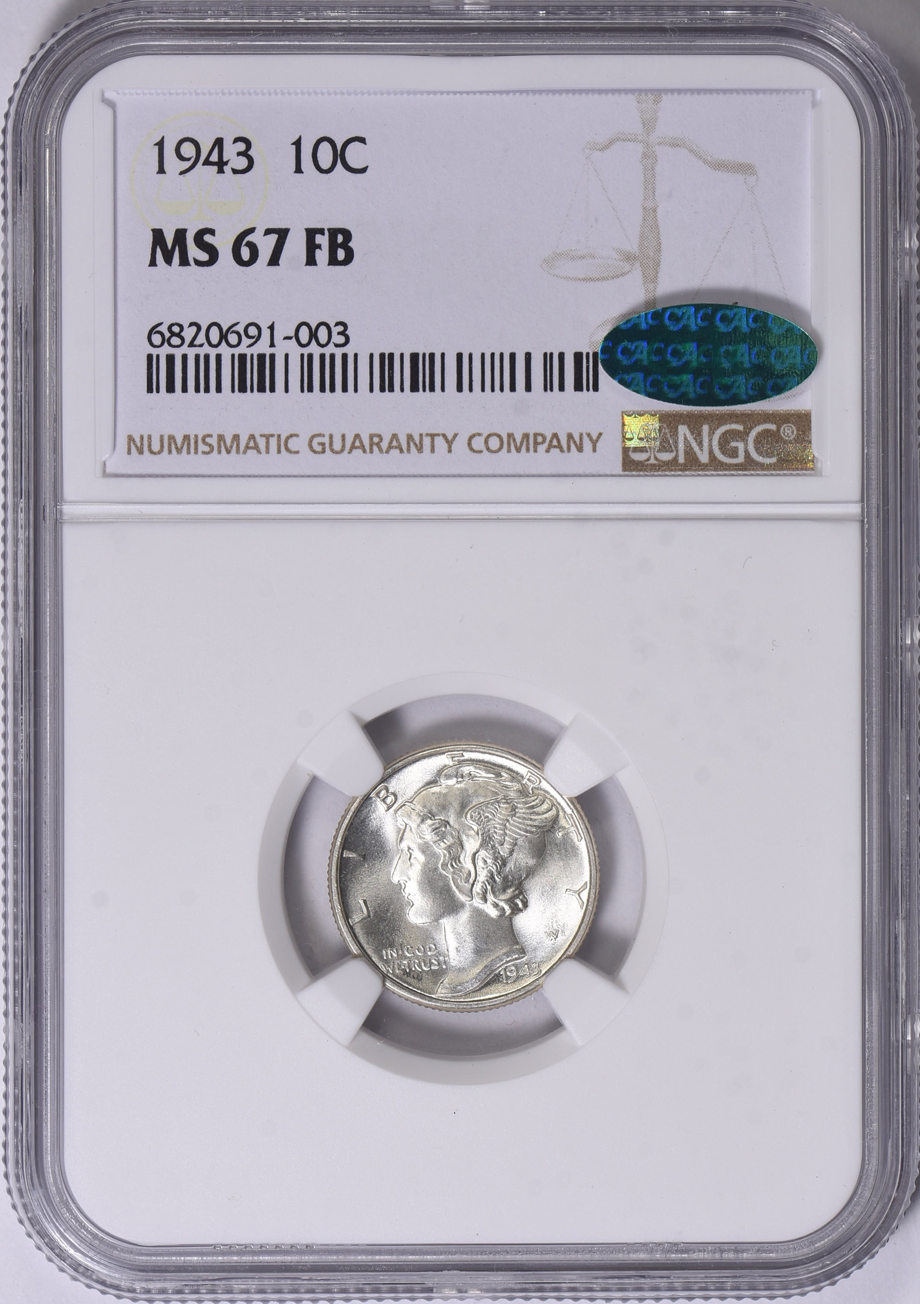1943 Mercury Dime NGC MS-67 FB (CAC Green) (Item 1586277) | GreatCollections Coin Auctions