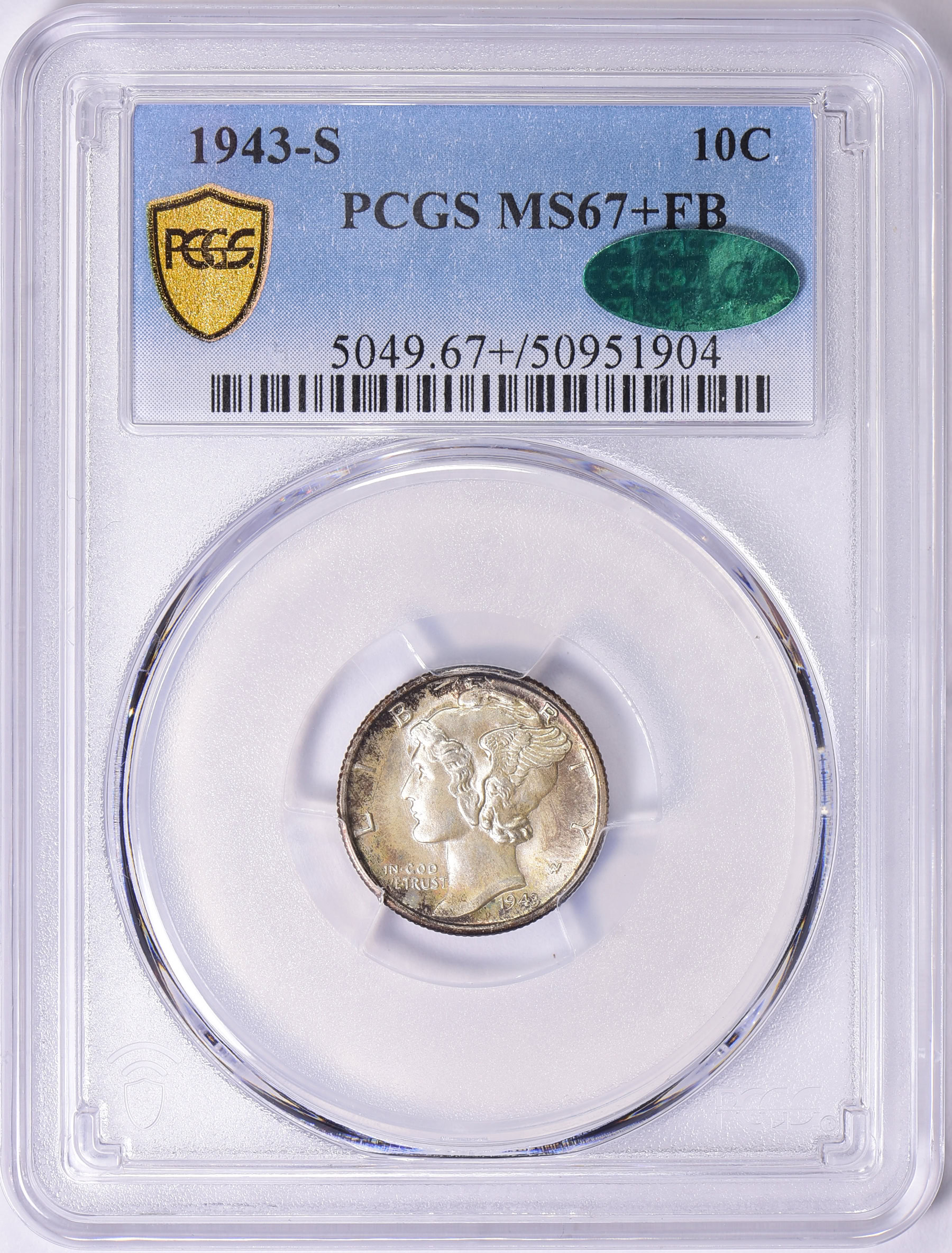 1943-S Mercury Dime PCGS MS-67+ FB (CAC Green) (Toned) (Item 1586278) | GreatCollections Coin ...