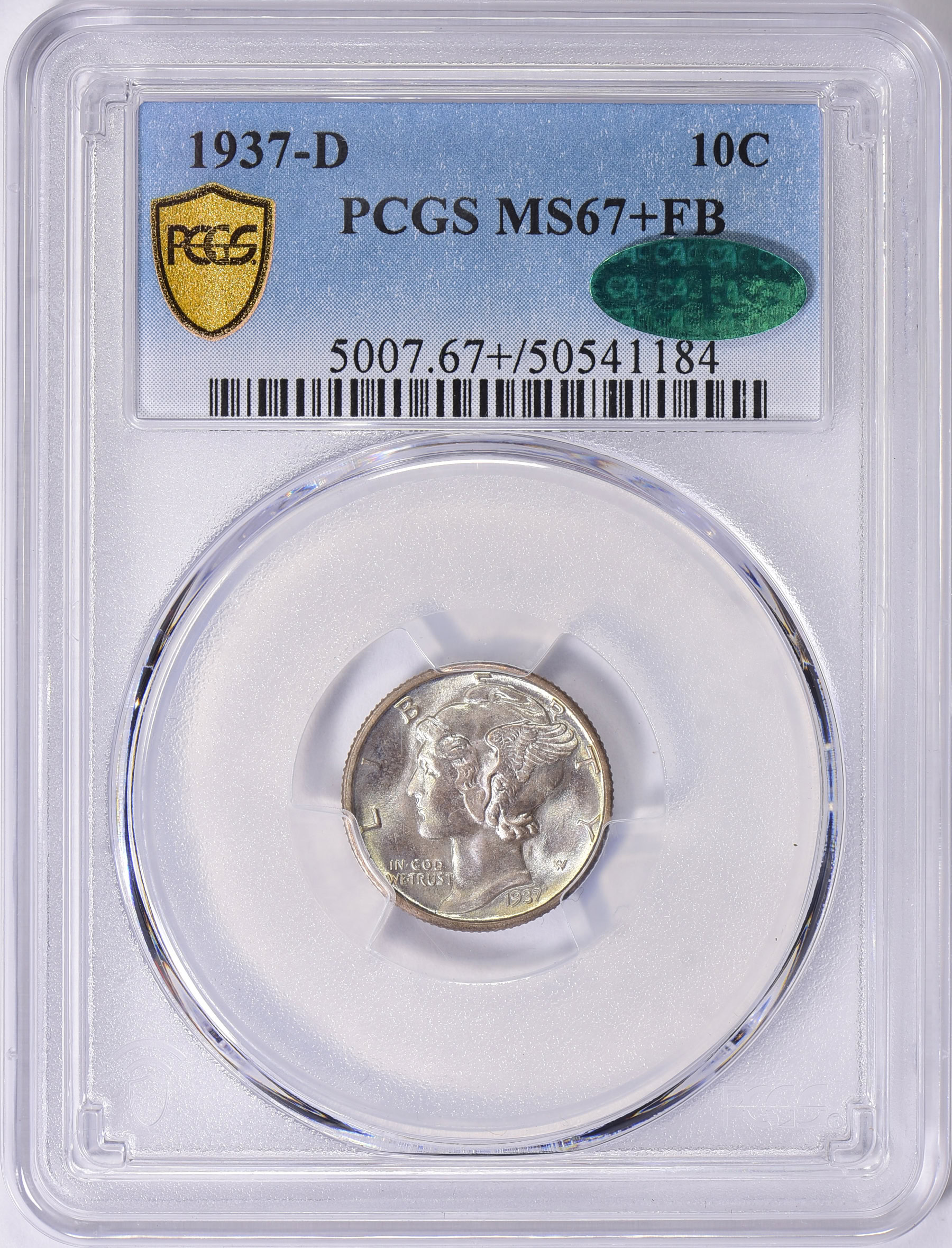 1937-D Mercury Dime PCGS MS-67+ FB (CAC Green) (Toned) (Item 1586283) | GreatCollections Coin ...