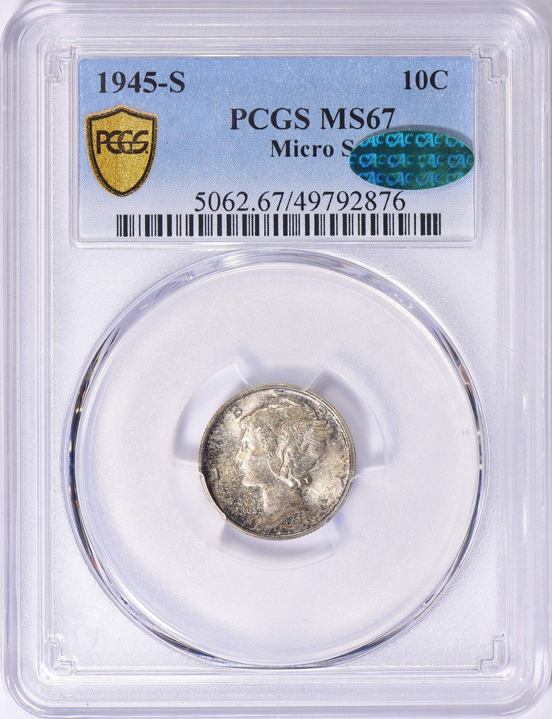 1945-S Mercury Dime Micro S PCGS MS-67 (CAC Green) (Toned) (Item 1586303) | GreatCollections ...