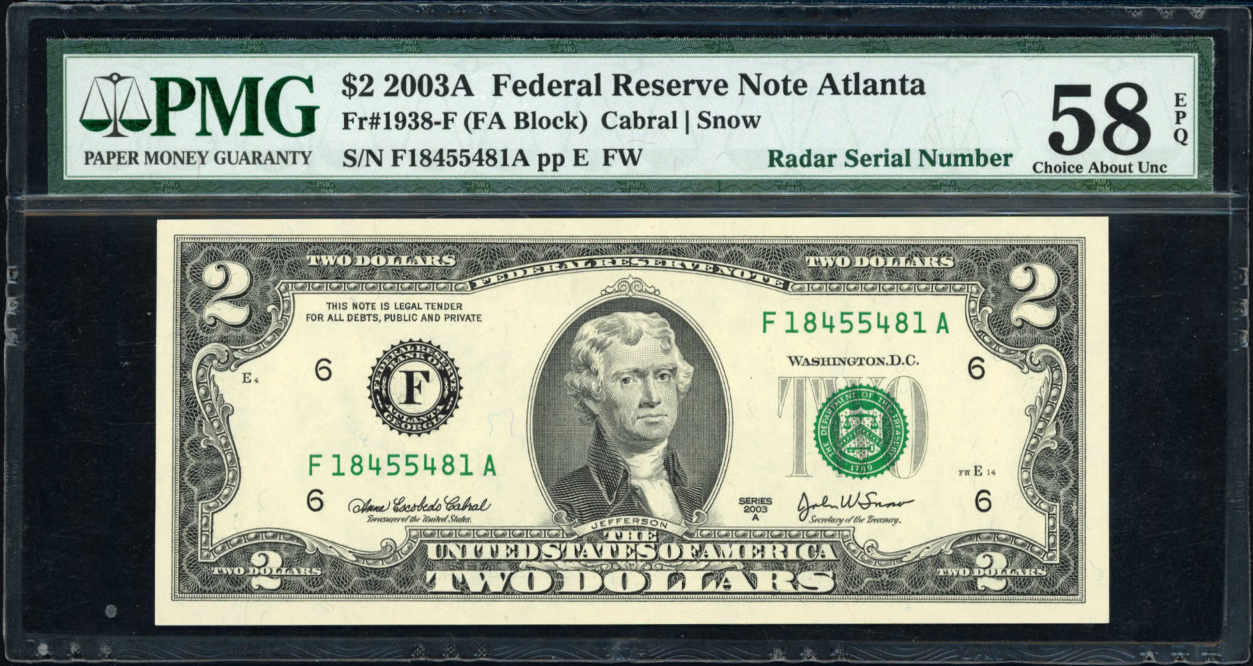 Fr. 1938-F (FA Block) 2003A $2 Atlanta Federal Reserve Note Radar ...
