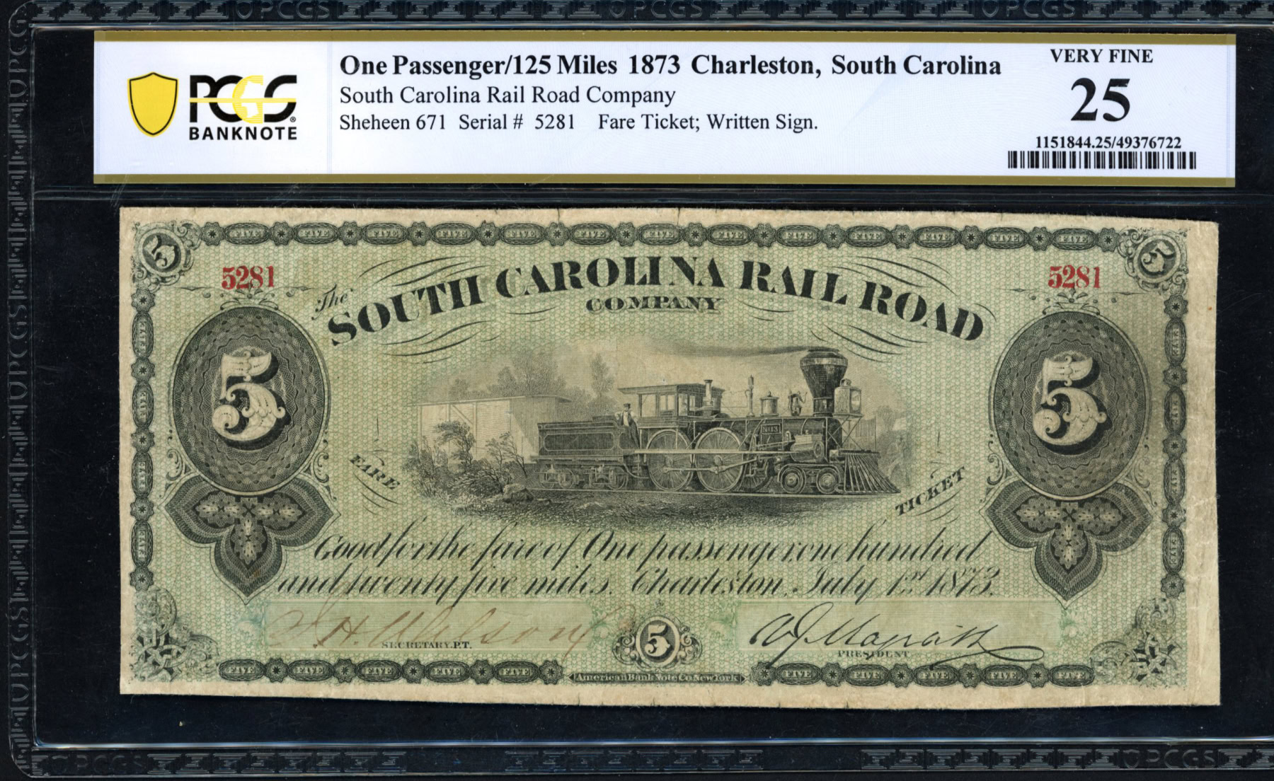 1873 Charleston South Carolina One Passenger 125 Miles South Carolina ...