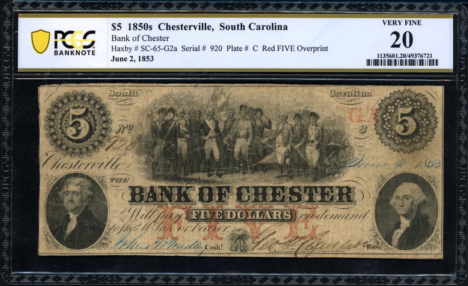 Jun. 2, 1863 Chester, South Carolina Bank of Chester $5 Note PCGS ...