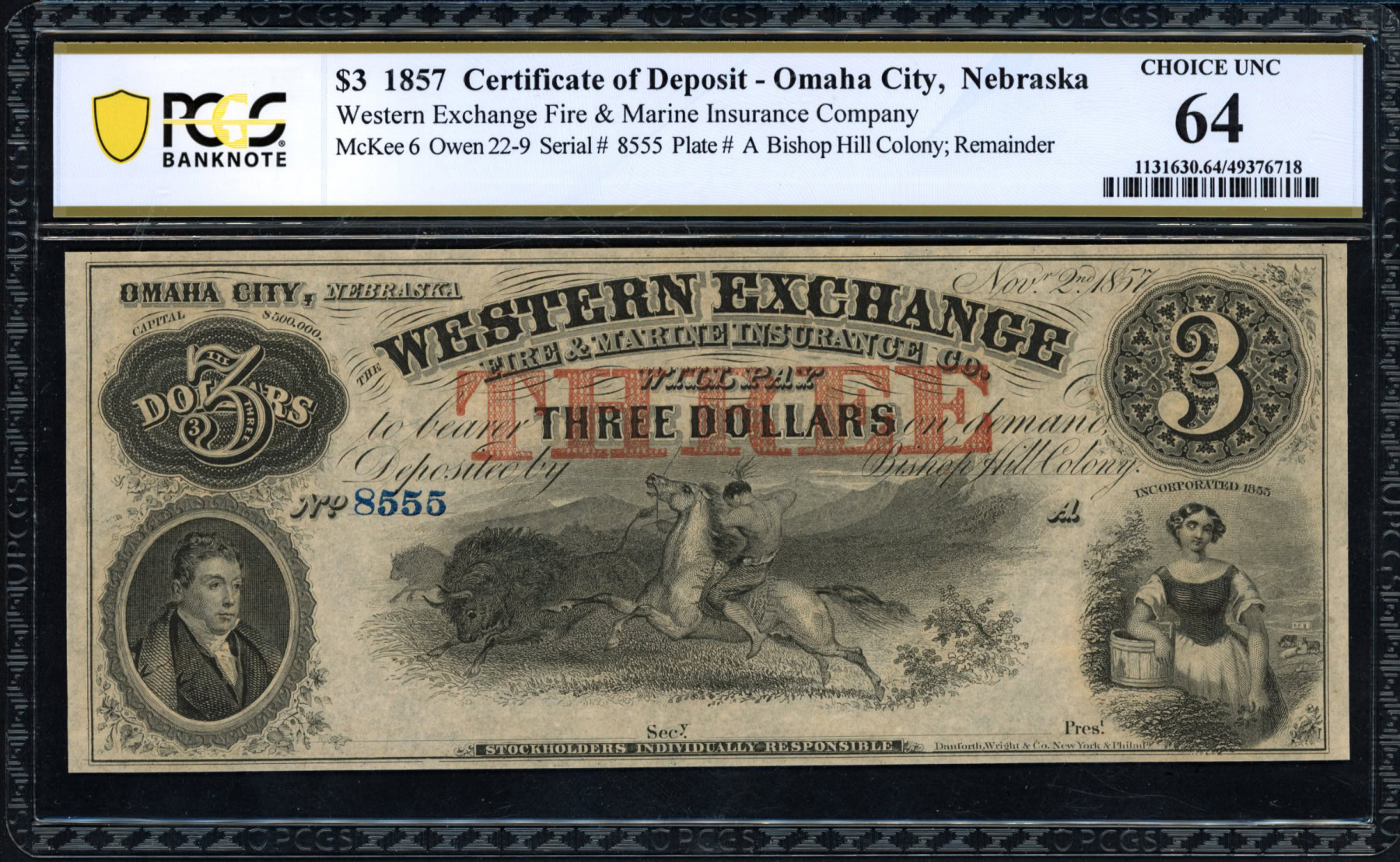 1857 Omaha City-Bishop Hill Colony, Nebraska Western Exchange Fire ...