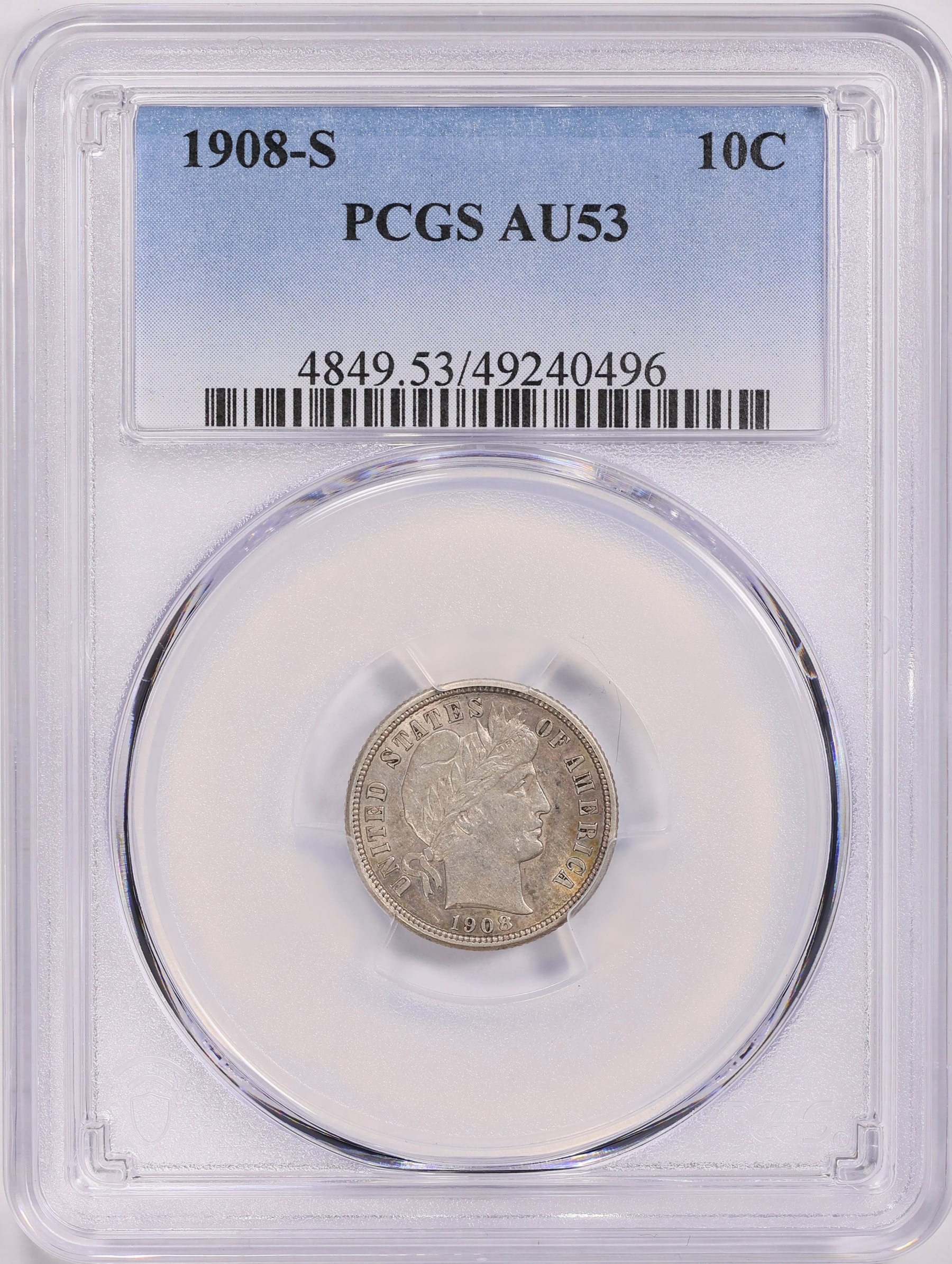 1908-S Barber Dime PCGS AU-53 (Item 1590043) | GreatCollections Coin Auctions