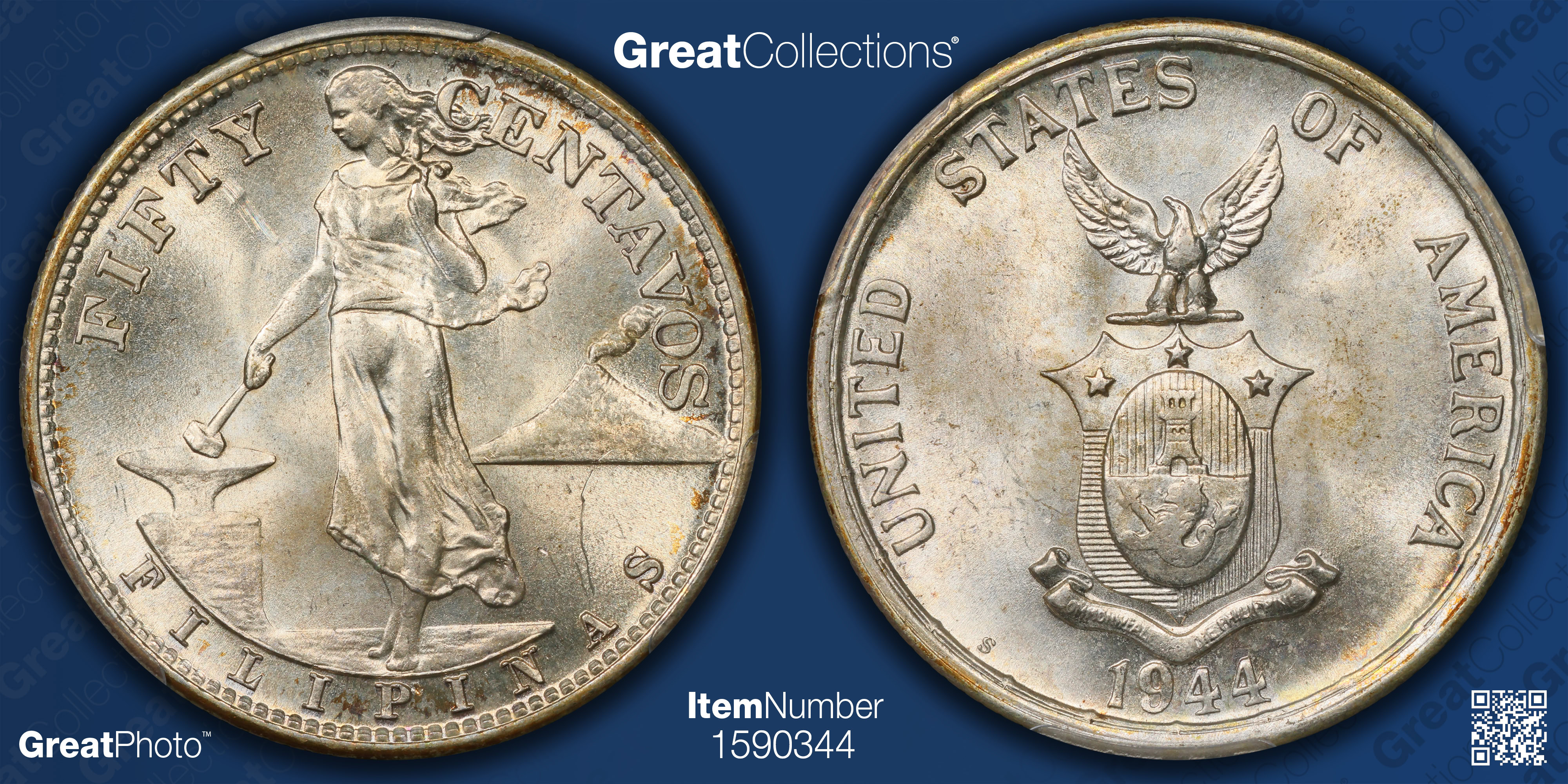 1944-S U.S. Philippines Fifty Centavos PCGS MS-64 (Item 1590344) | GreatCollections Coin Auctions