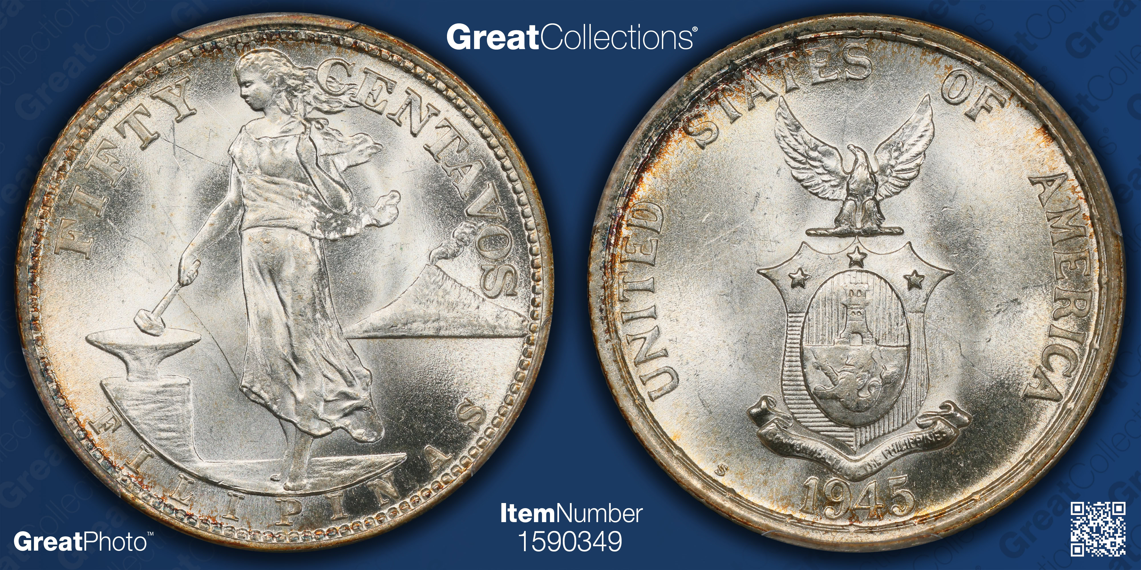 1945-S U.S. Philippines Fifty Centavos PCGS Genuine Unc Details (Item ...