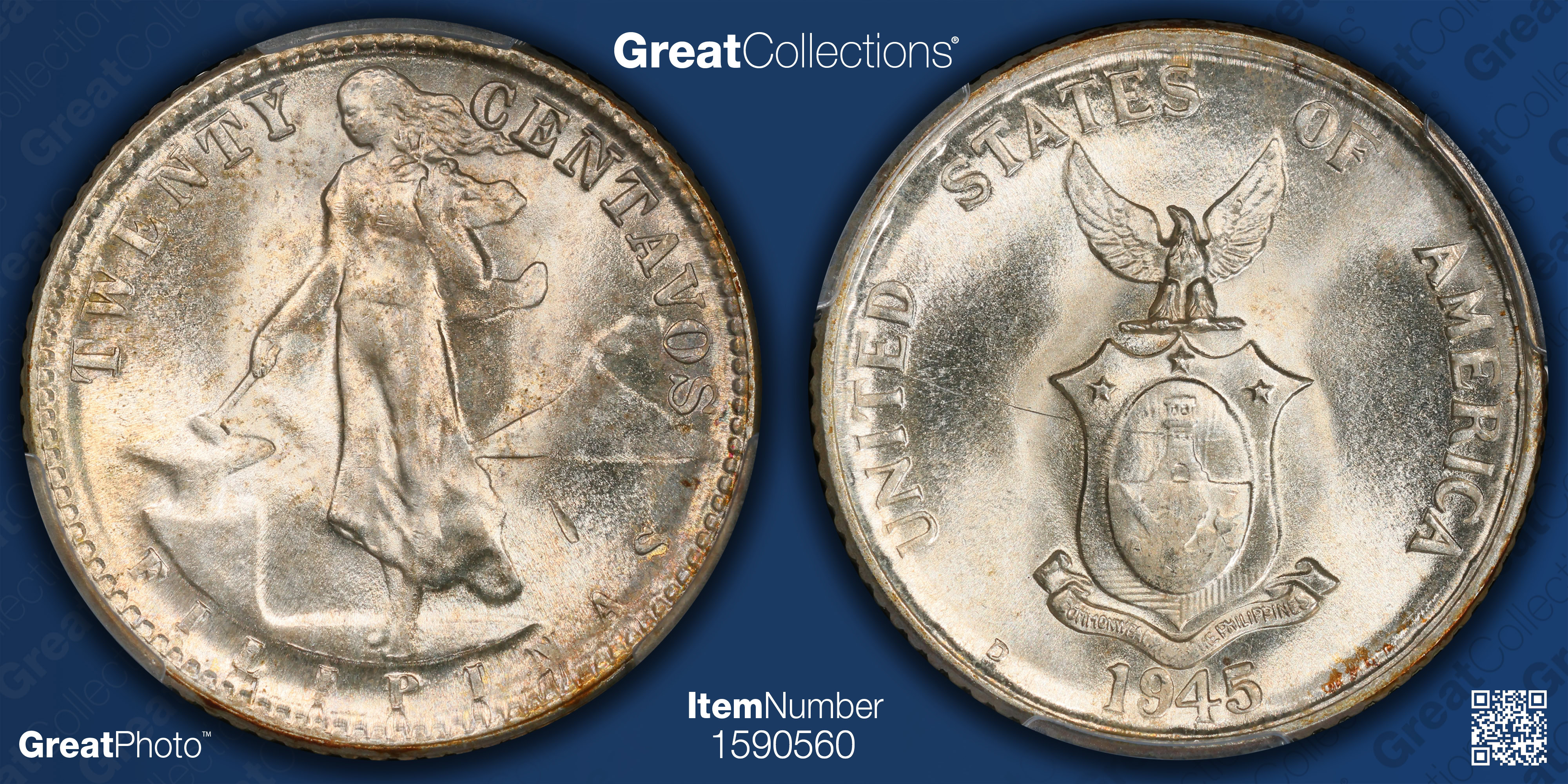 1945-D U.S. Philippines Twenty Centavos PCGS Genuine Unc Details (Item ...
