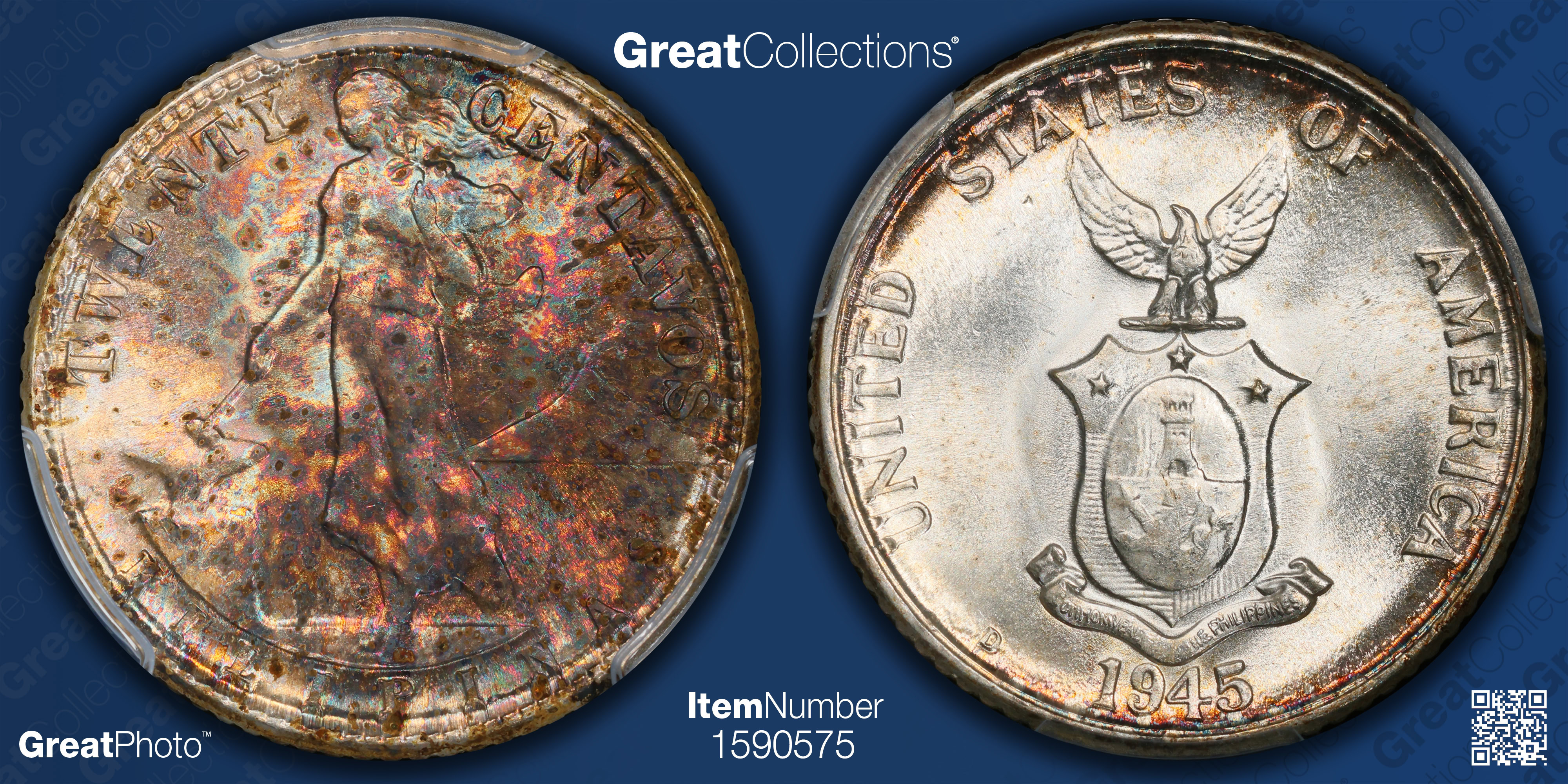 1945-D U.S. Philippines Twenty Centavos PCGS MS-63 (Toned) (Item ...