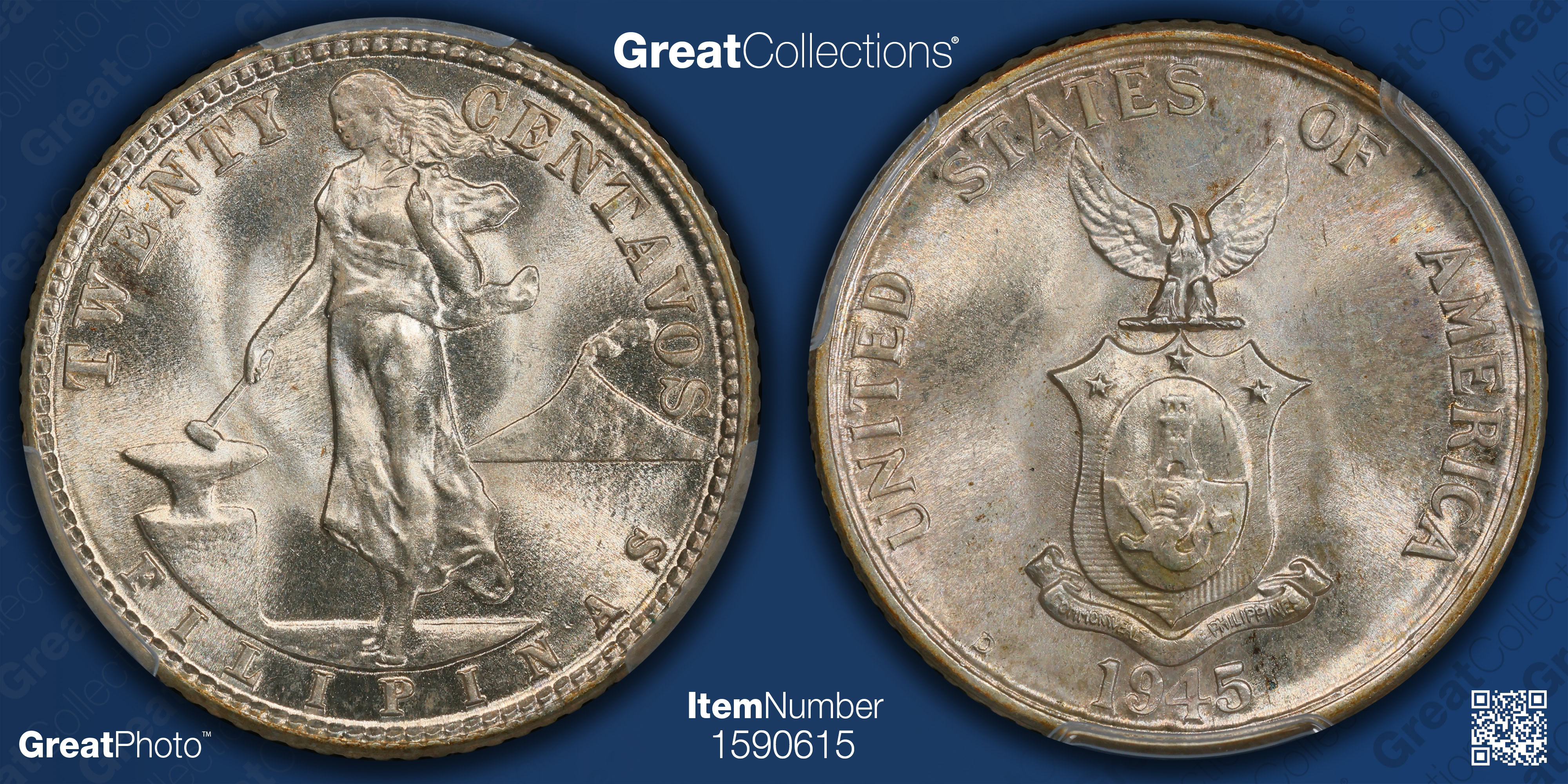 1945-D U.S. Philippines Twenty Centavos PCGS MS-66 (Item 1590615 ...