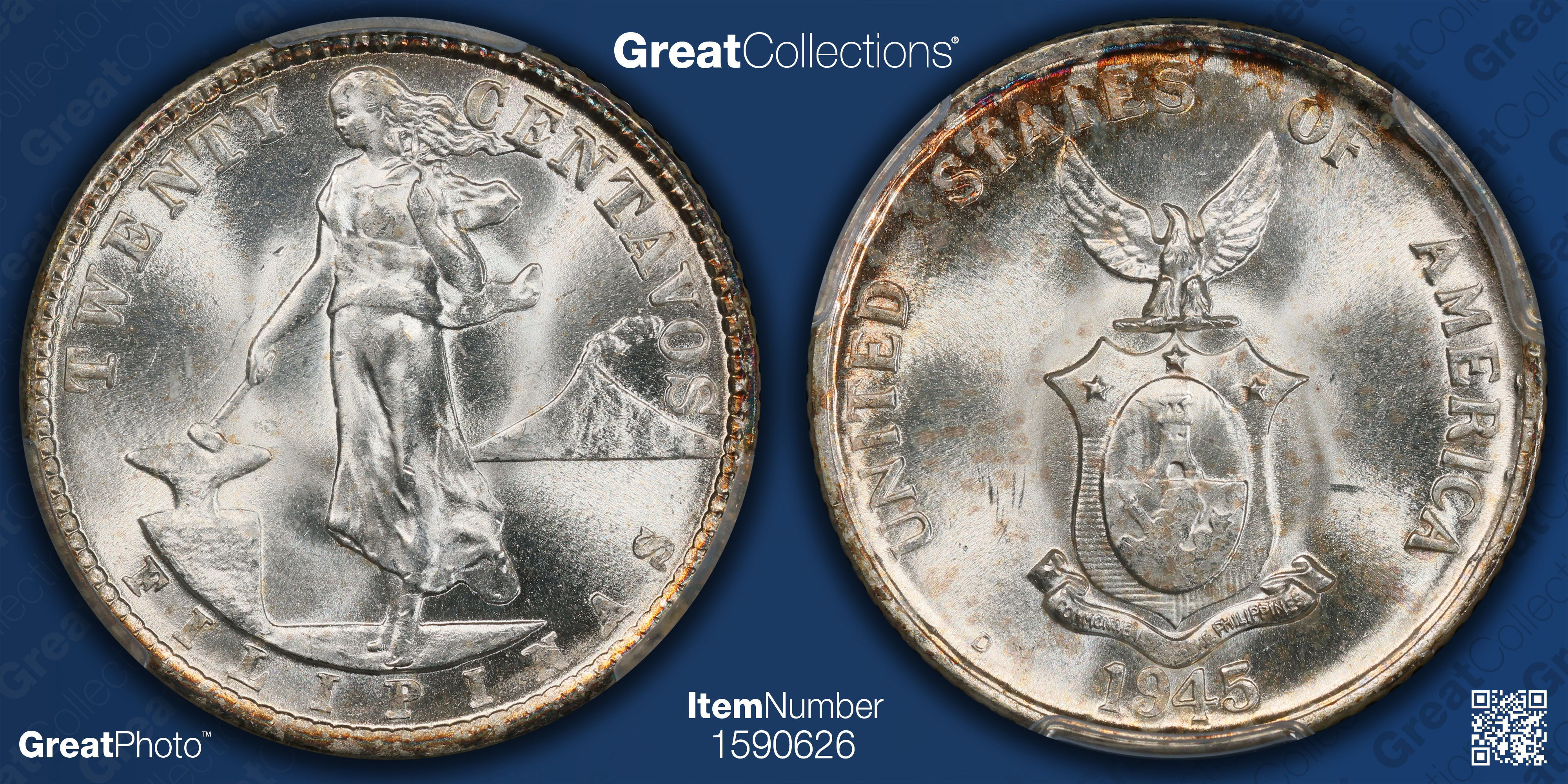 1945-D U.S. Philippines Twenty Centavos PCGS MS-66 (Item 1590626) | GreatCollections Coin Auctions