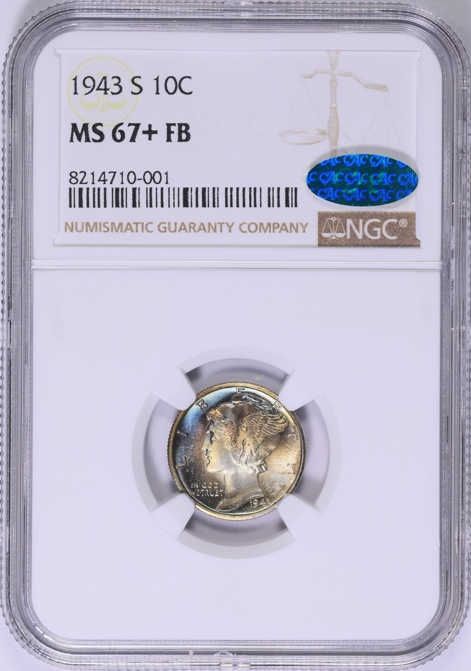 1943-S Mercury Dime NGC MS-67+ FB (CAC Green) (Toned) (Item 1591024) | GreatCollections Coin ...
