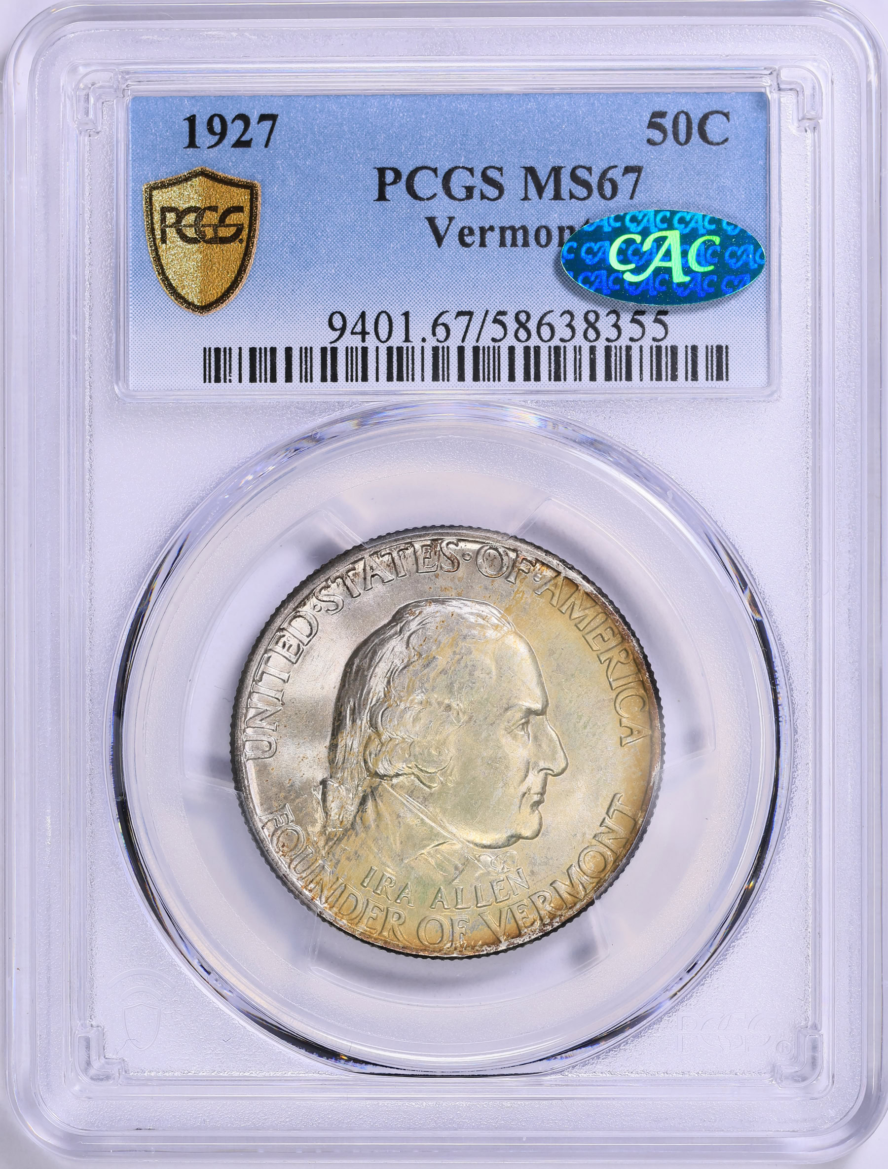 1927 Vermont Sesquicentennial Half Dollar PCGS MS-67 (CAC Green) (Toned ...