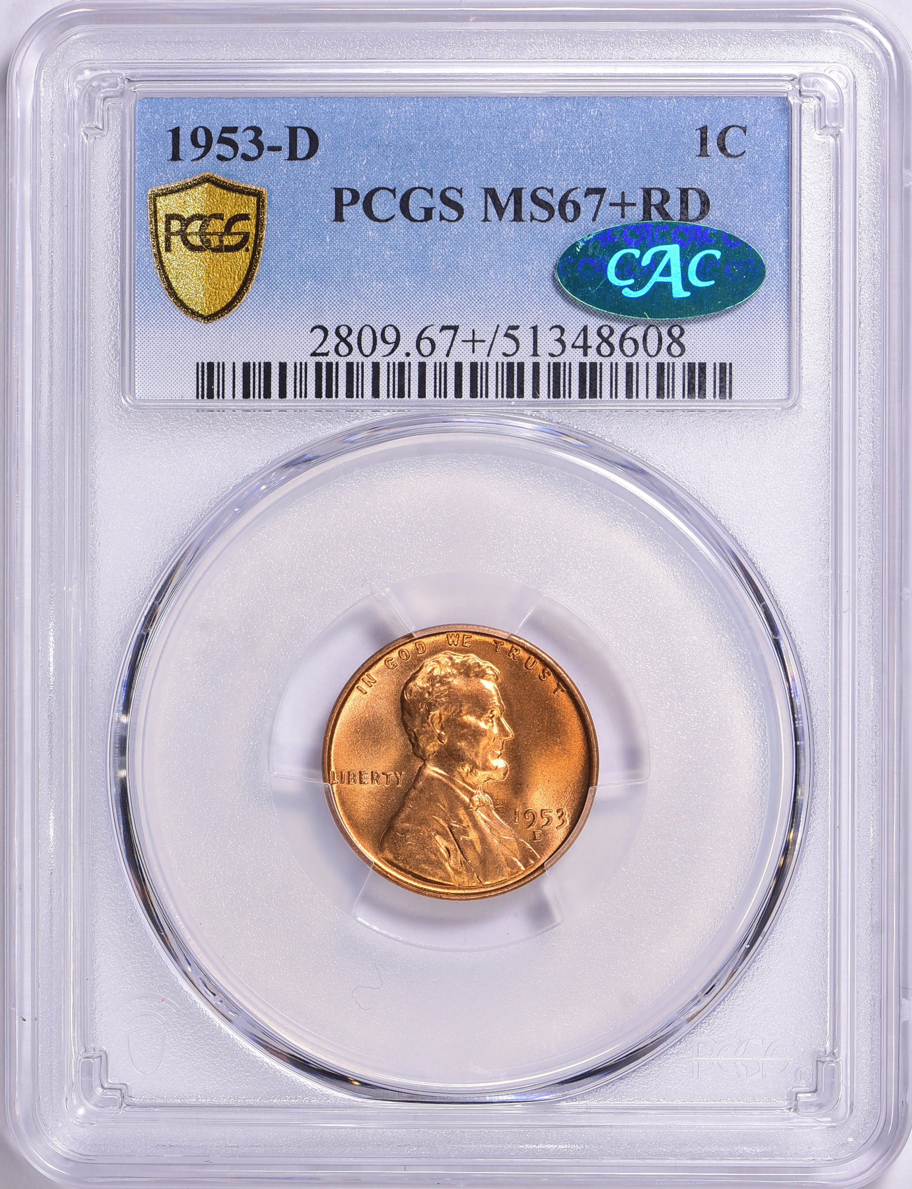 1953-D Lincoln Cent PCGS MS-67+ RD (CAC Green) (Item 1591087) | GreatCollections Coin Auctions