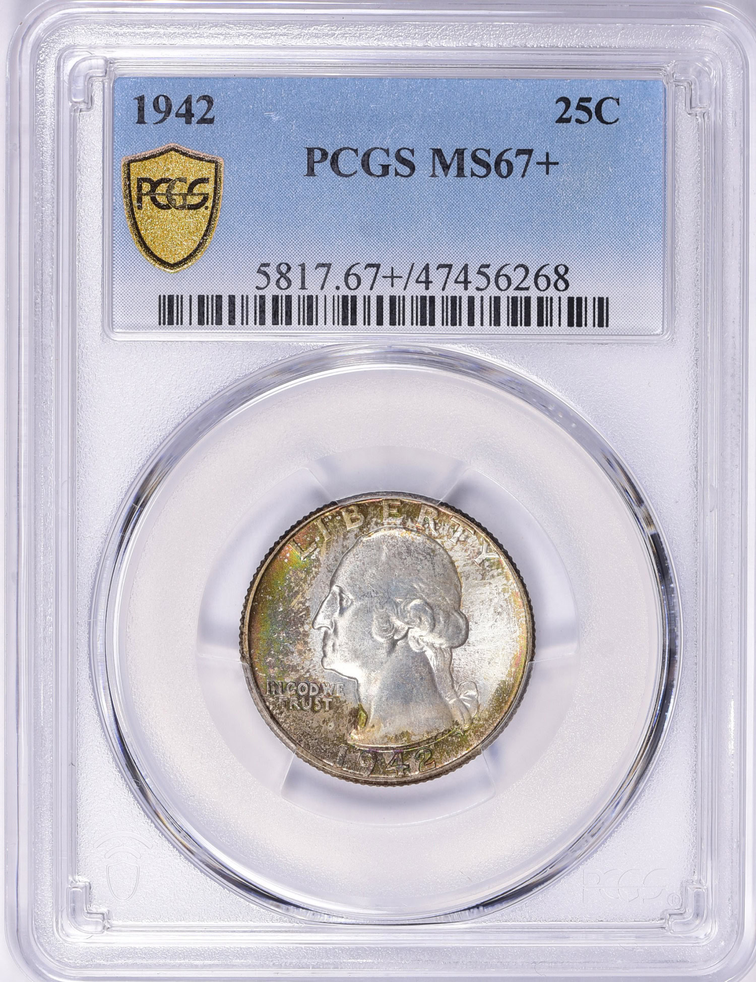 1942 Washington Quarter PCGS MS-67+ (Toned) (Item 1591635) | GreatCollections Coin Auctions