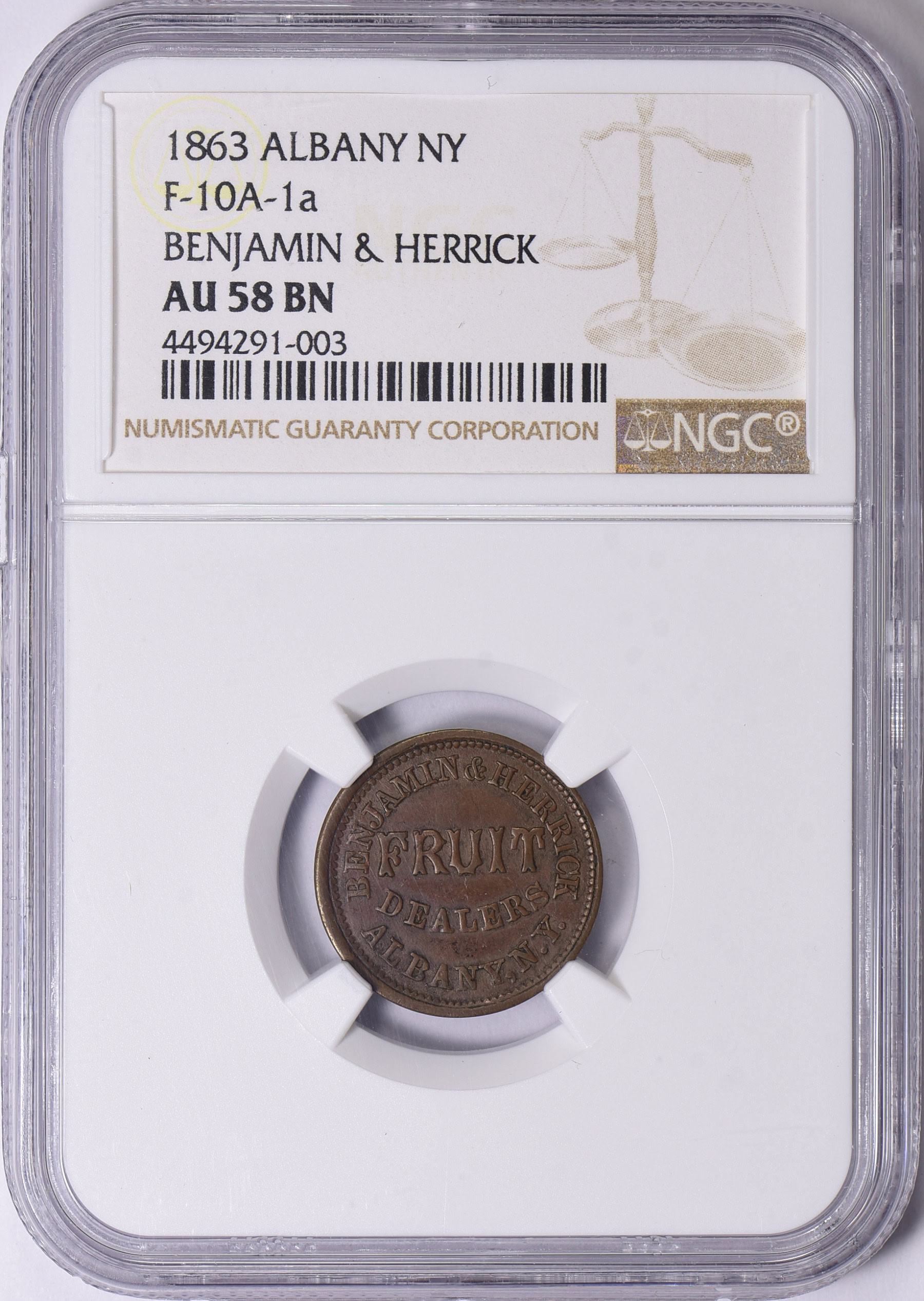 1863 Albany, New York Benjamin & Herrick Fruit Dealers Civil War Token ...