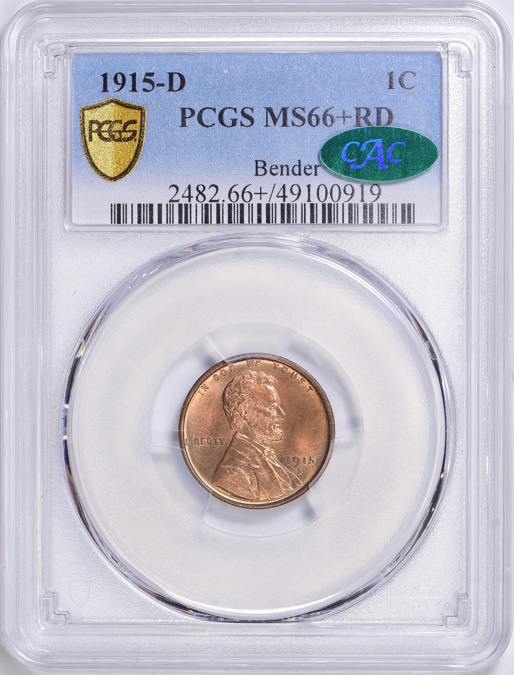 1915-D Lincoln Cent PCGS MS-66+ RD (CAC Green) (Bender Collection ...