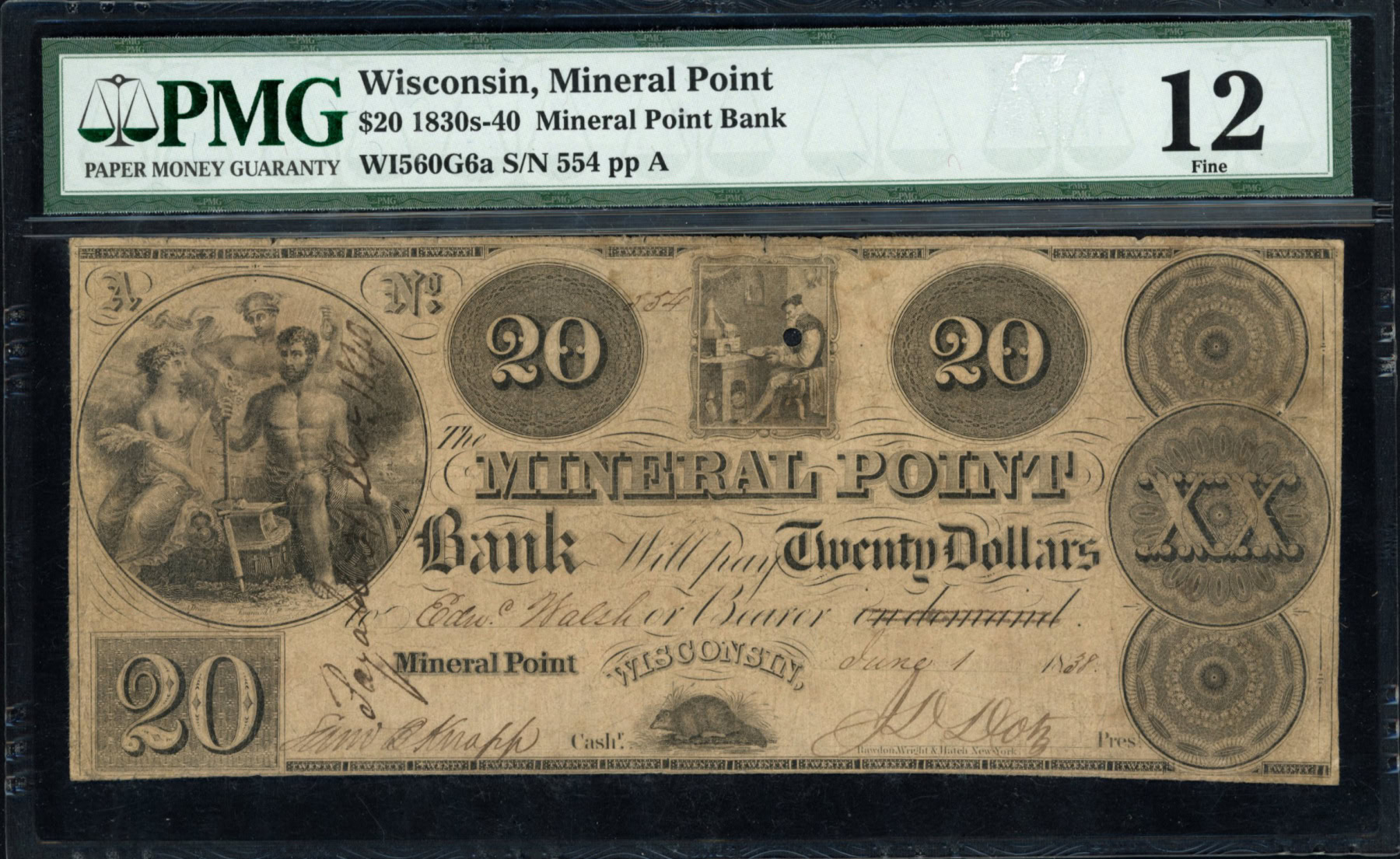 Jun. 1, 1838 Mineral Point, Wisconsin Mineral Point Bank $20 Note PMG ...