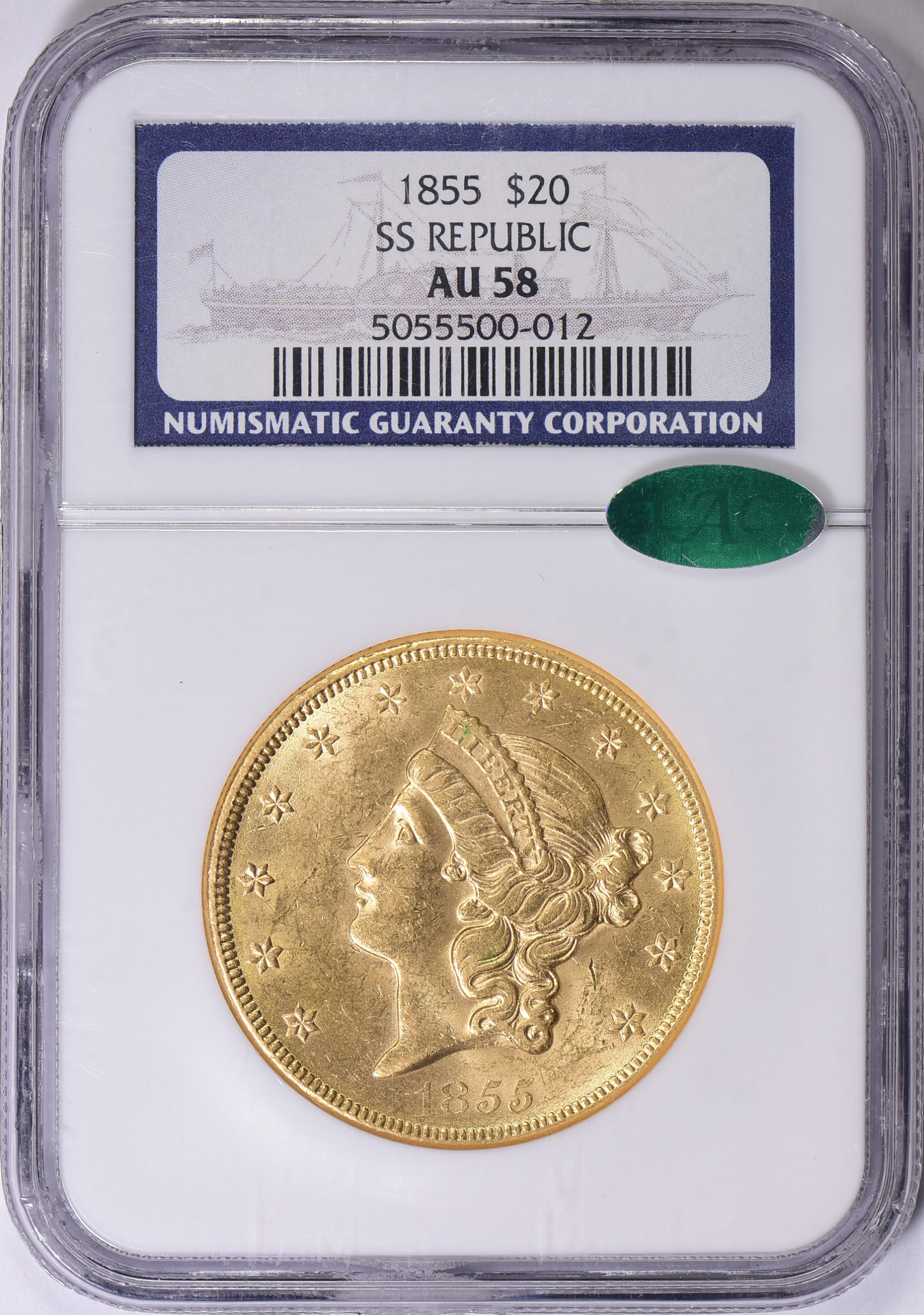 1855 Liberty Gold Double Eagle SS Republic Shipwreck NGC AU-58 (CAC Green) (Item 1592558 ...