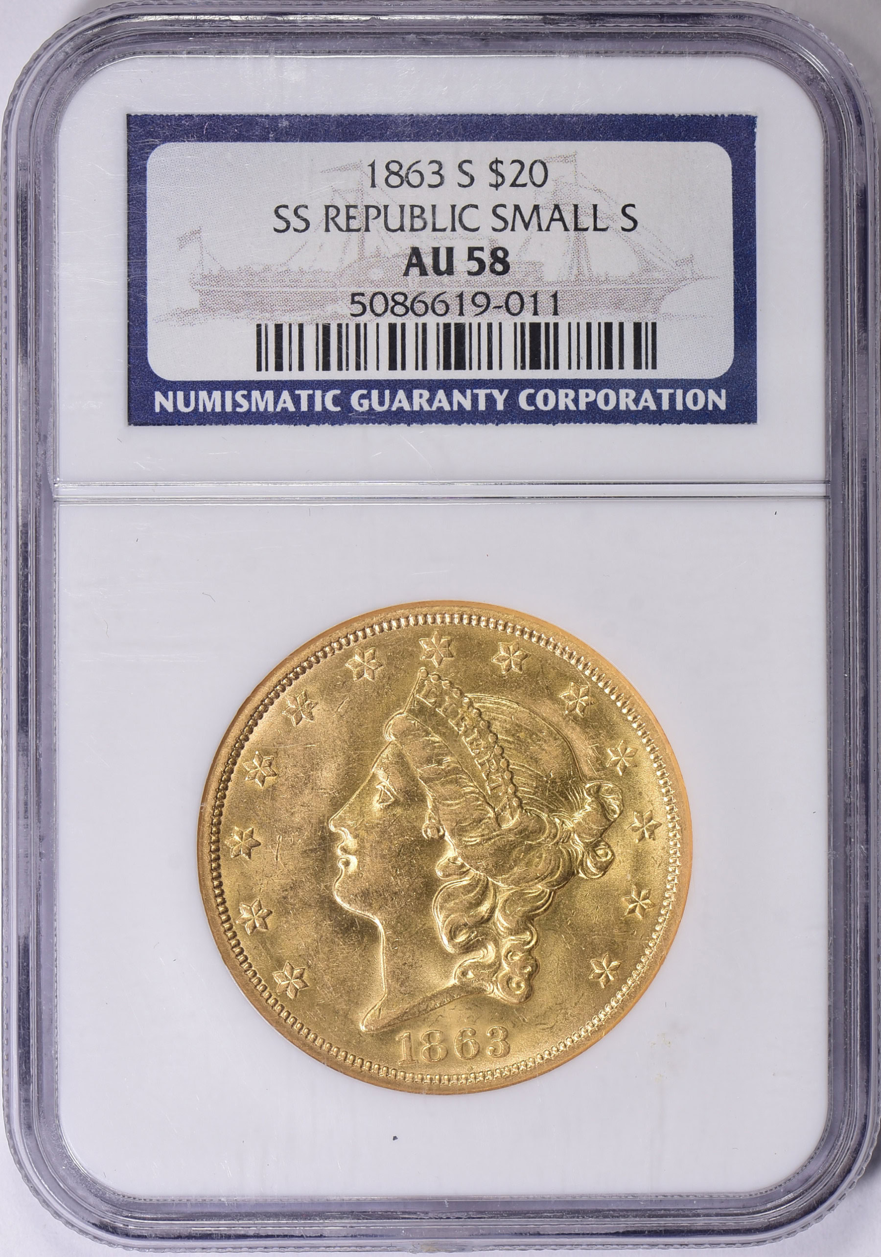 1863-S Liberty Gold Double Eagle Small S SS Republic Shipwreck NGC AU-58 (Item 1592560 ...