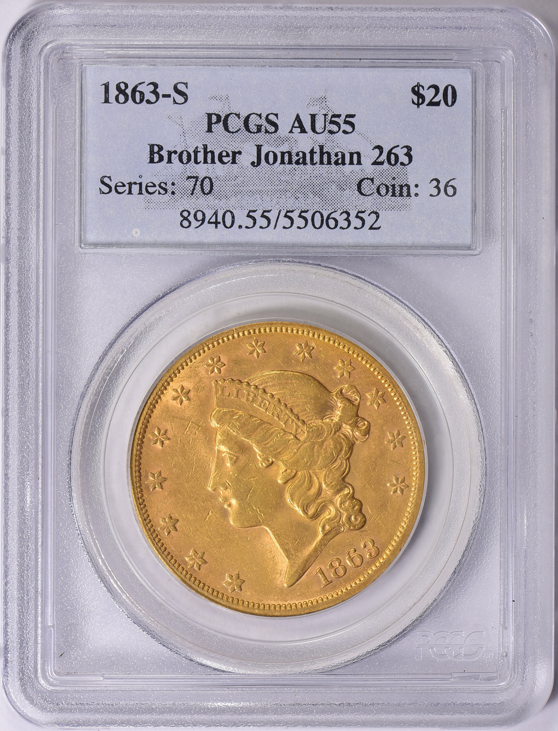 1863-S Liberty Gold Double Eagle Brother Jonathan Shipwreck PCGS AU-55 (Item 1592573 ...