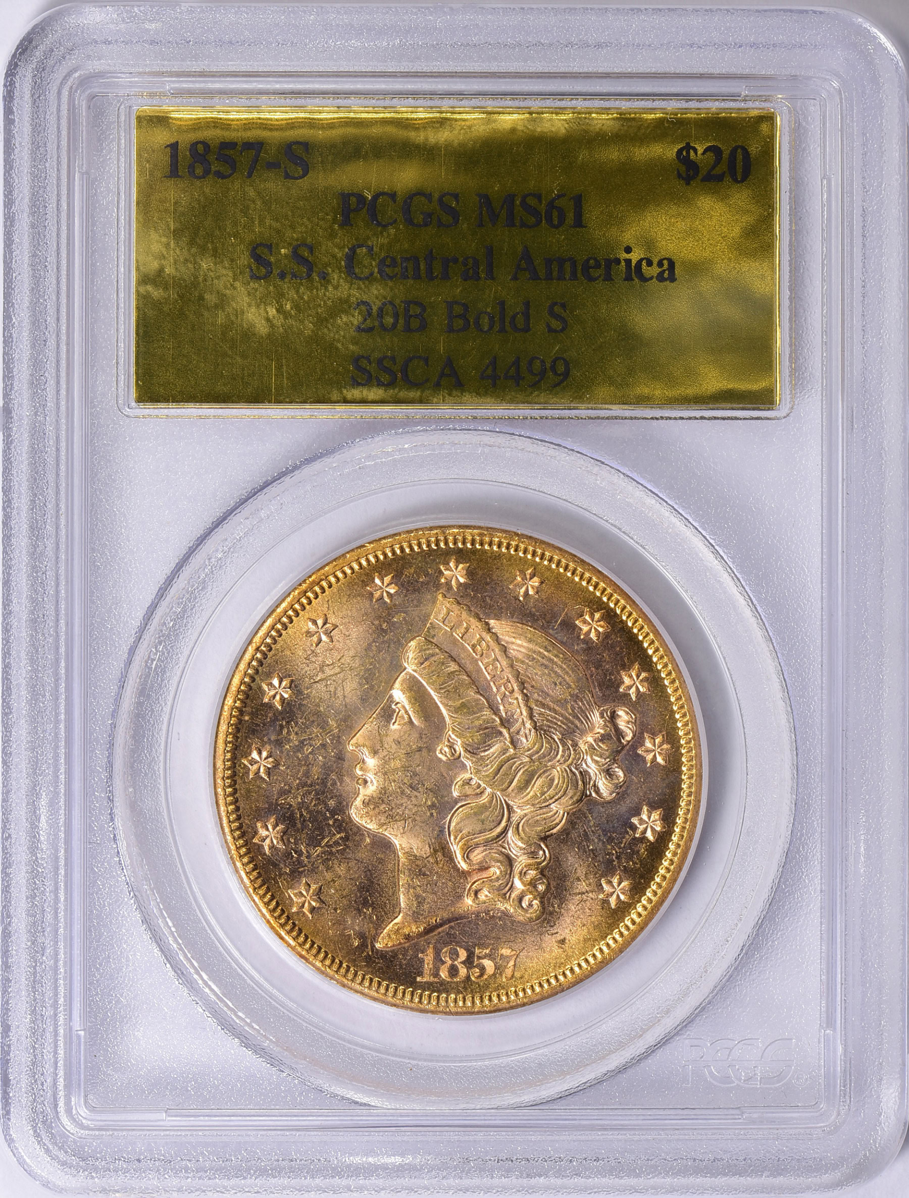 1857-S Liberty Gold Double Eagle Bold S SS Central America Shipwreck PCGS MS-61 (Gold Foil Label ...
