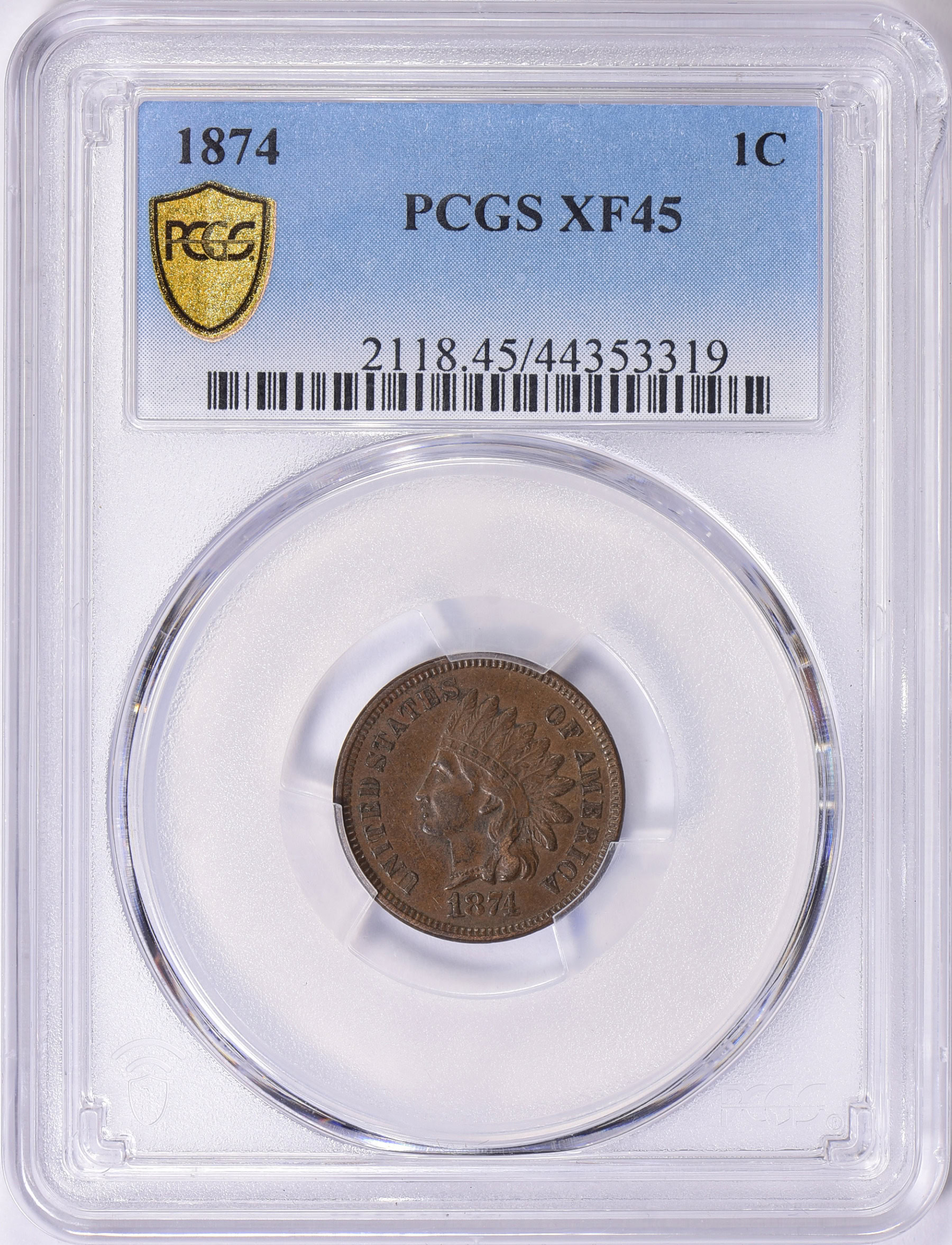 1874 Indian Cent PCGS XF-45 BN (Item 1592821) | GreatCollections Coin Auctions